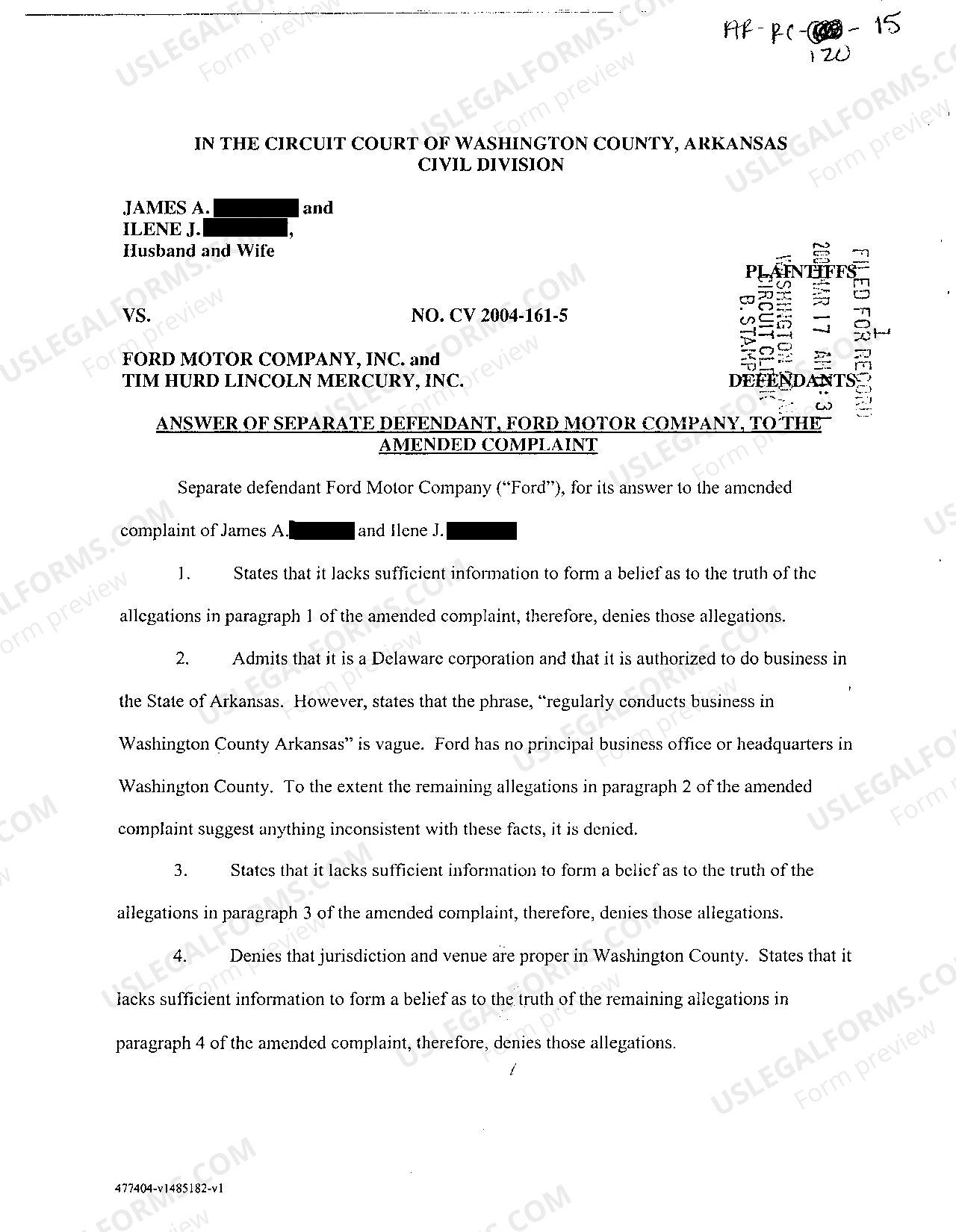 Arkansas Answer of Separate Defendant, Ford Motor Company, To the ...