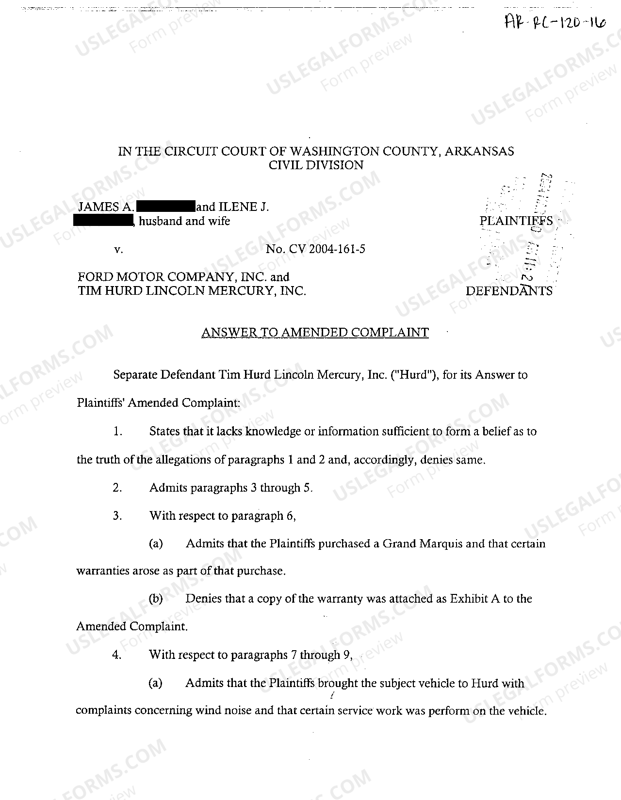 Answer to Amended Complaint for Violation of Arkansas Lemon Law | US Legal Forms