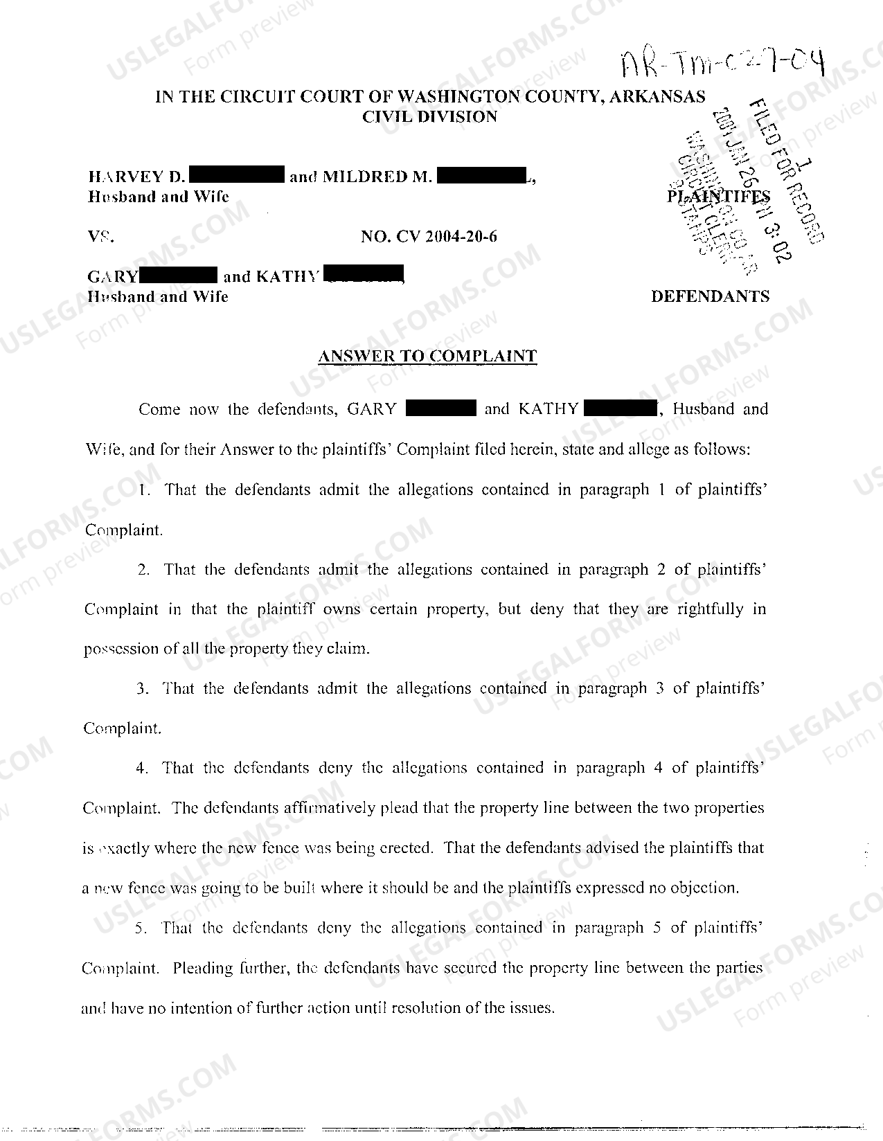 Arkansas Answer To Complaint for Quiet Title and Injunction | US Legal Forms