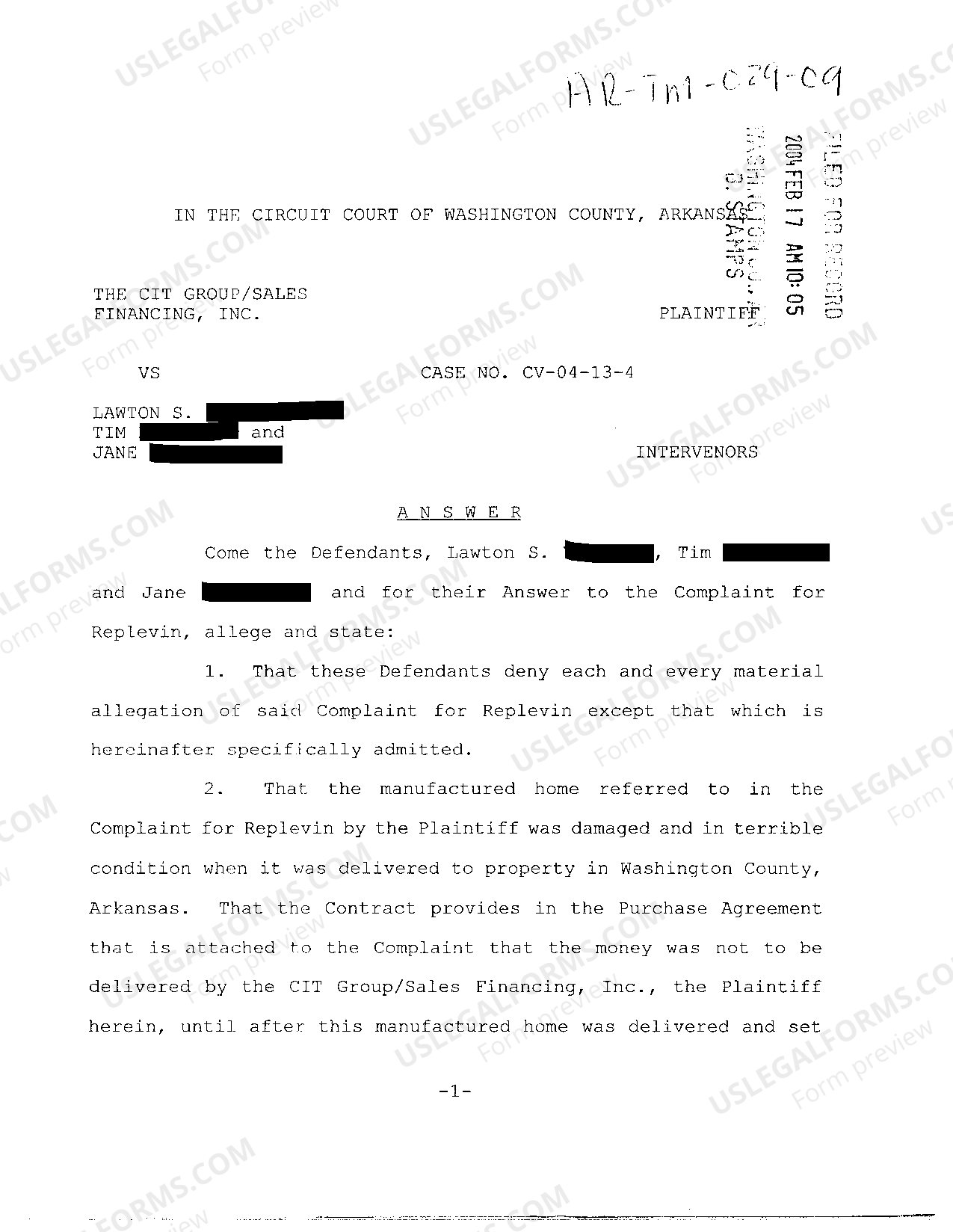 Arkansas Answer to Complaint for Replevin | US Legal Forms