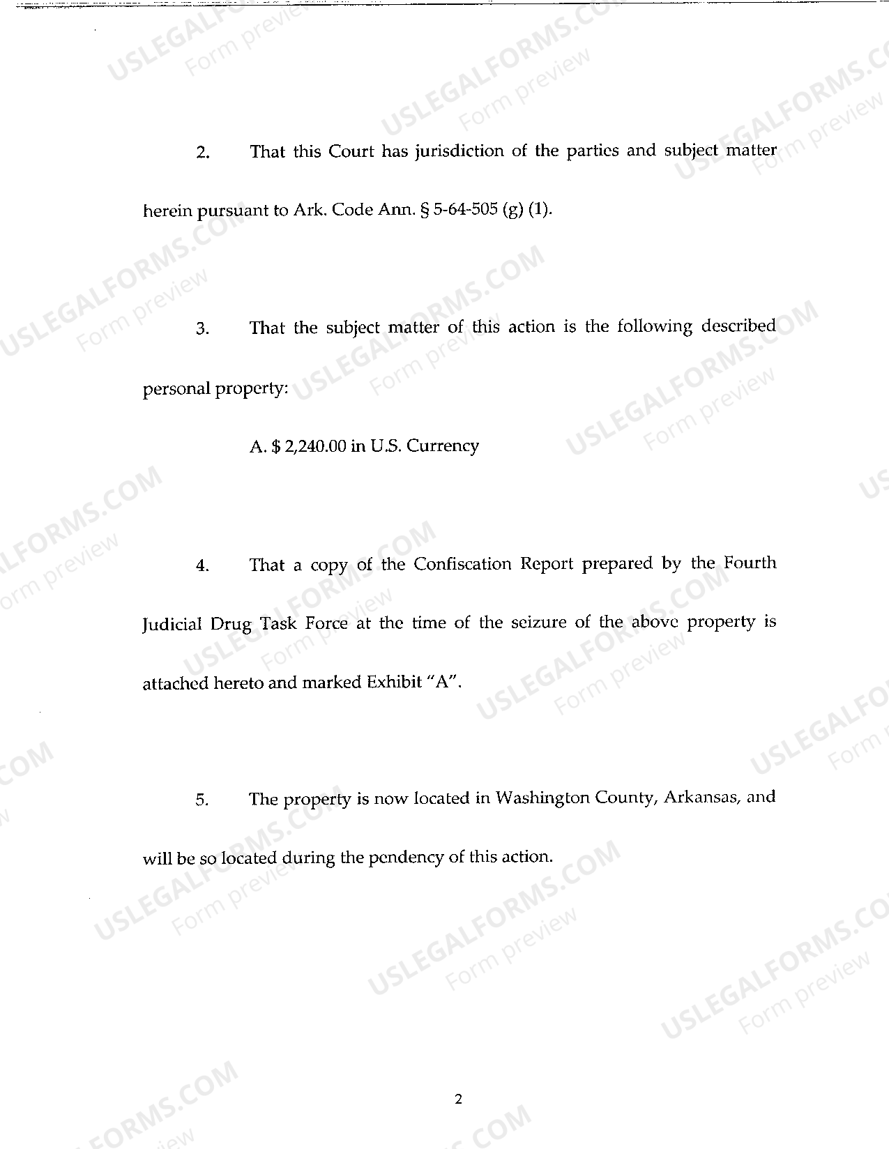 Arkansas Complaint For Forfeiture of Seized Items | US Legal Forms