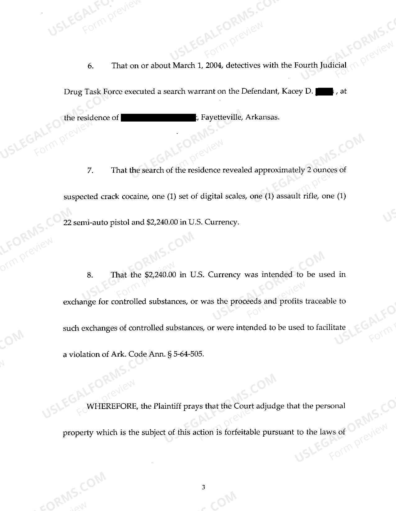 Arkansas Complaint For Forfeiture of Seized Items | US Legal Forms