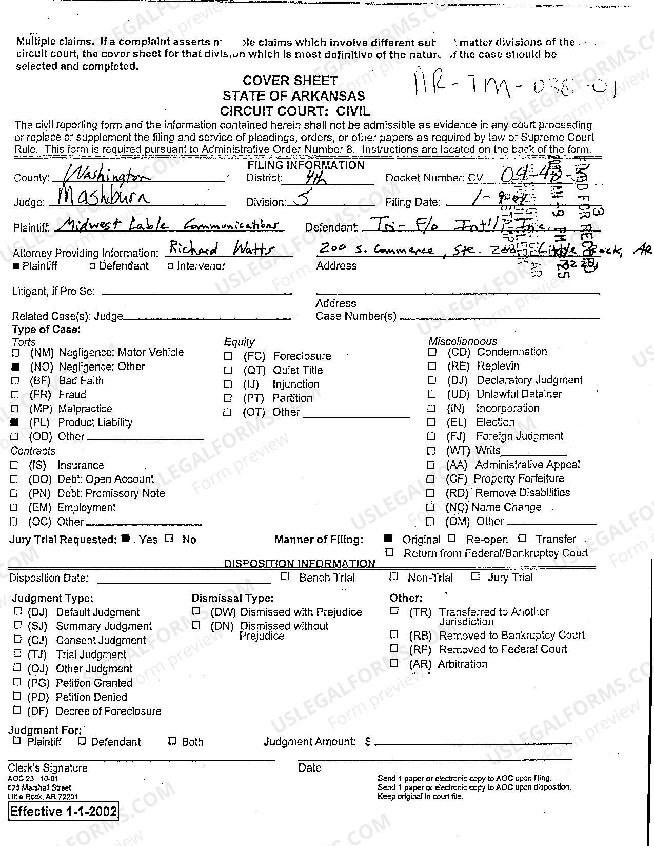 Cover Sheet State of Arkansas Circuit Court - Civil | US Legal Forms