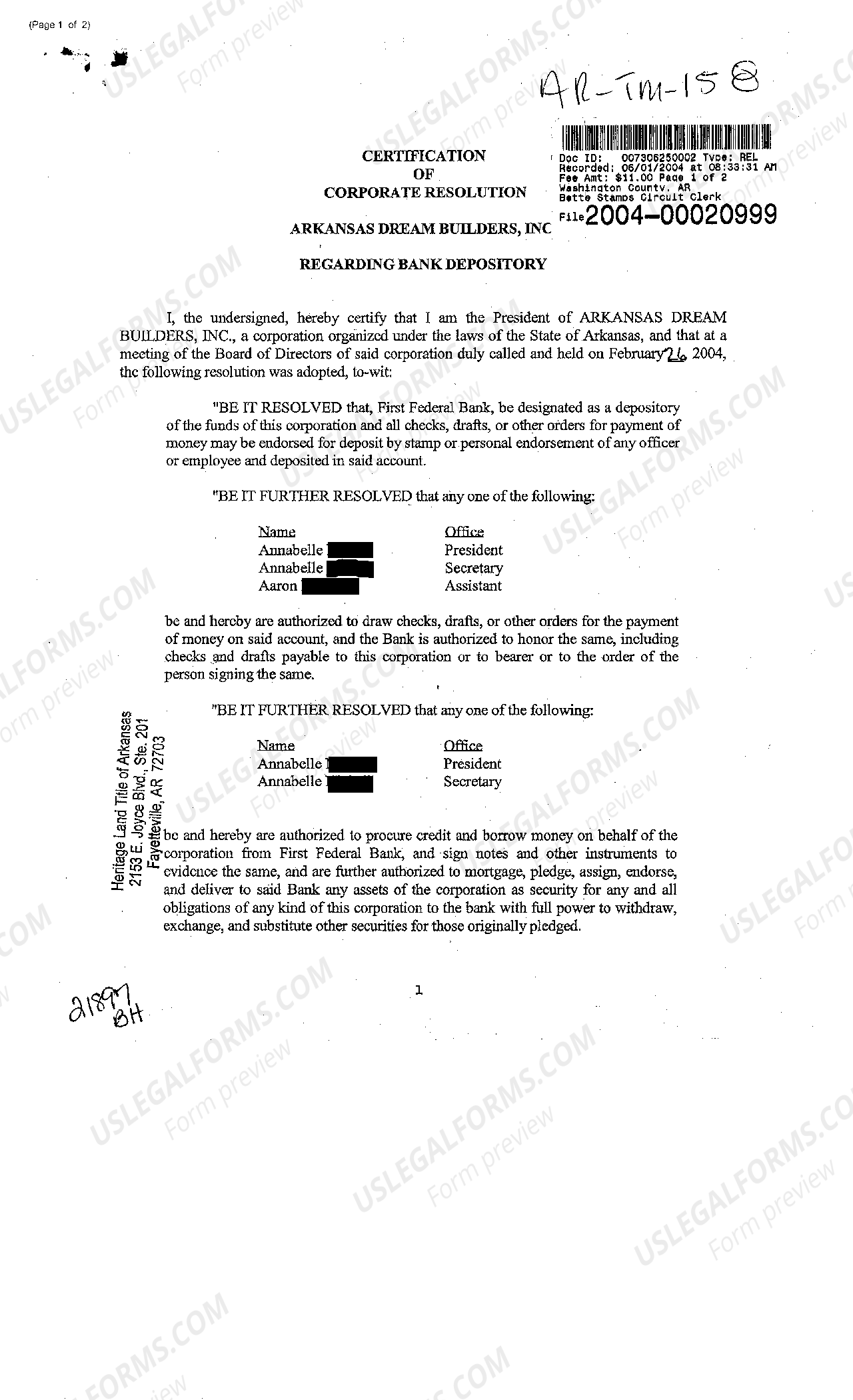 Arkansas Certificate of Corporate Resolution - Blank Corporate ...