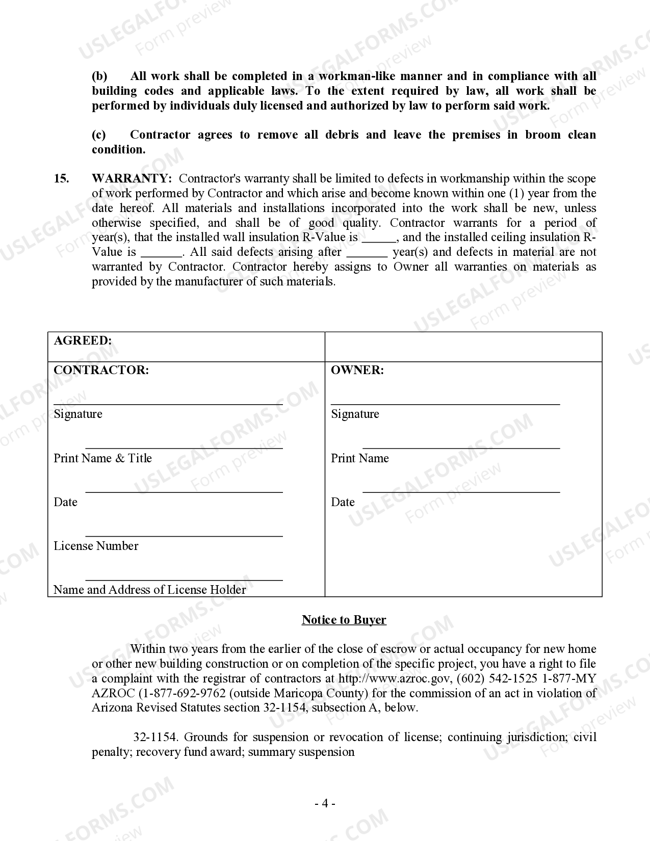 Arizona Insulation Contract for Contractor | US Legal Forms