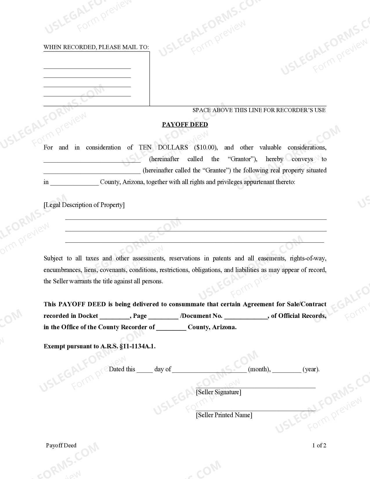 Arizona Payoff Deed - Payoff Deed | US Legal Forms