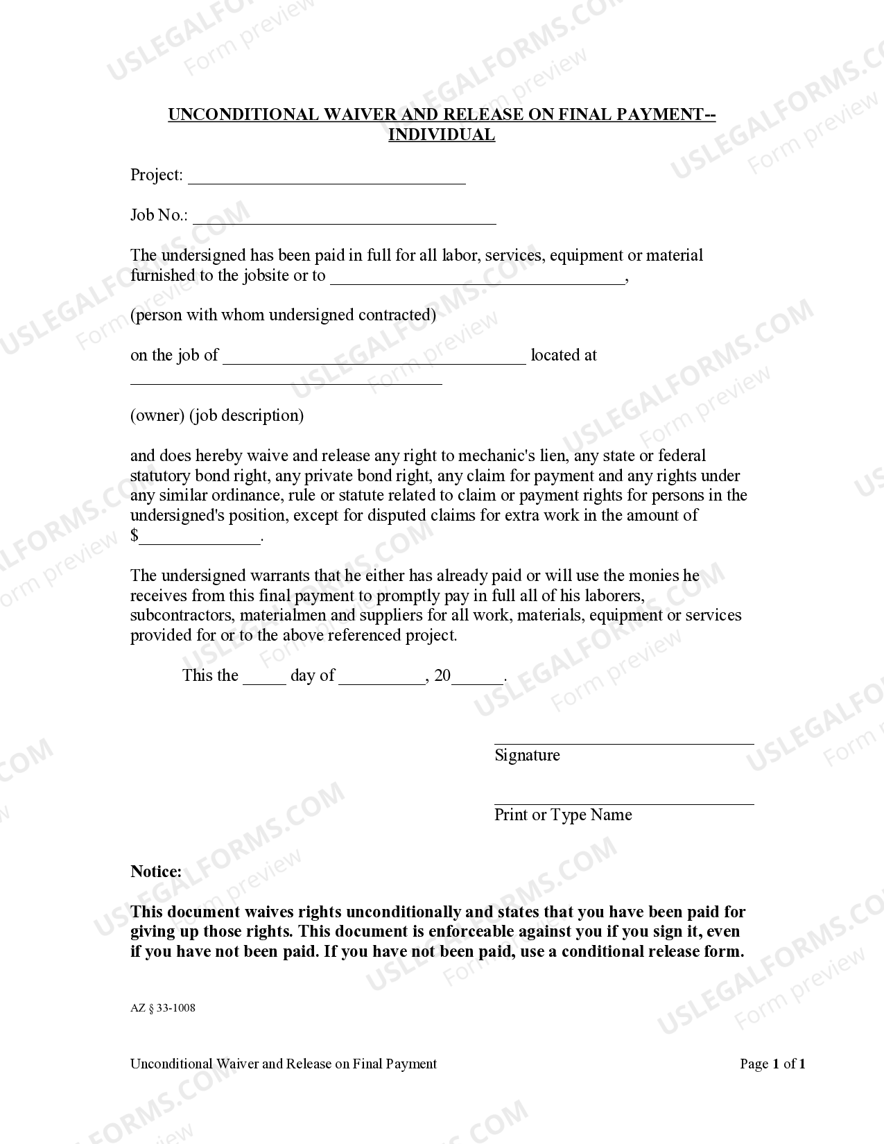 Arizona Unconditional Waiver and Release on Final Payment - Mechanic ...
