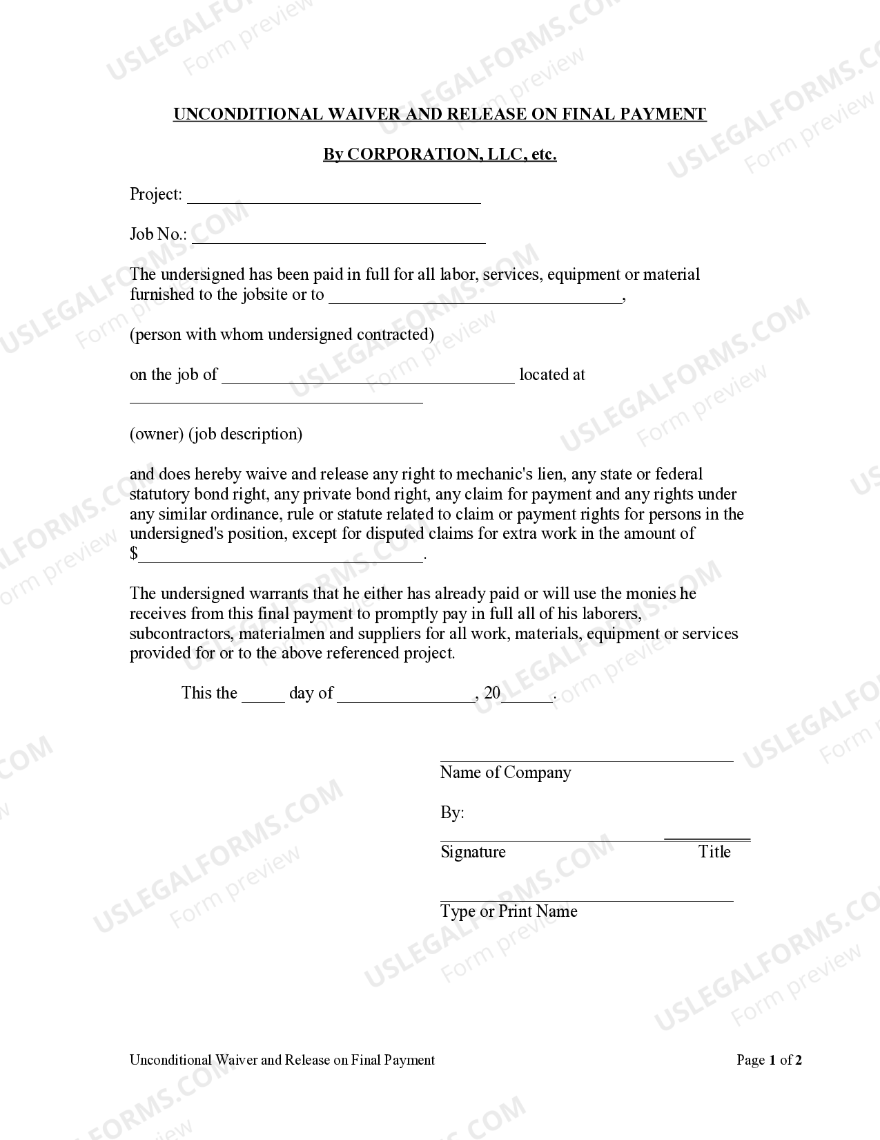 Arizona Unconditional Waiver and Release on Final Payment - Mechanic ...