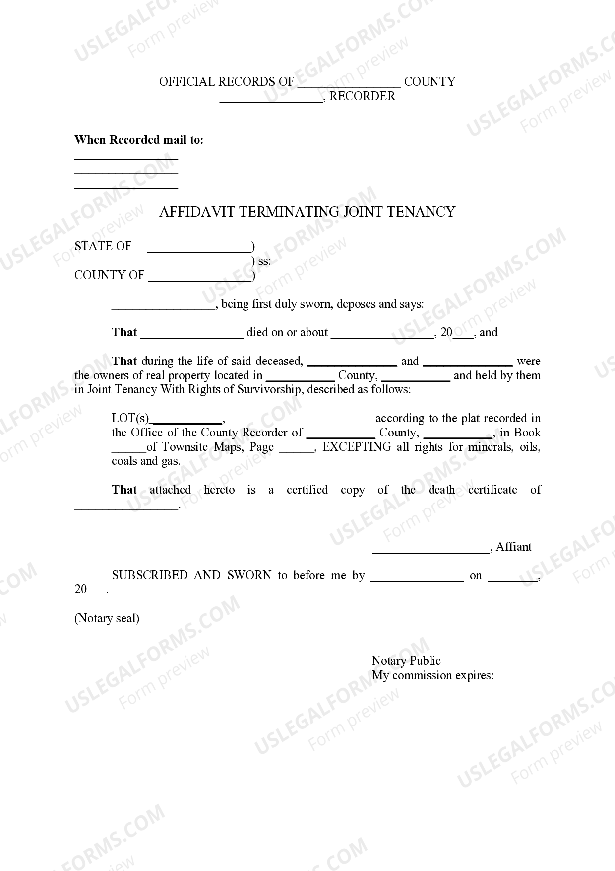 Maricopa Arizona Affidavit Terminating Joint Tenancy - Affidavit Terminating Joint | US Legal Forms