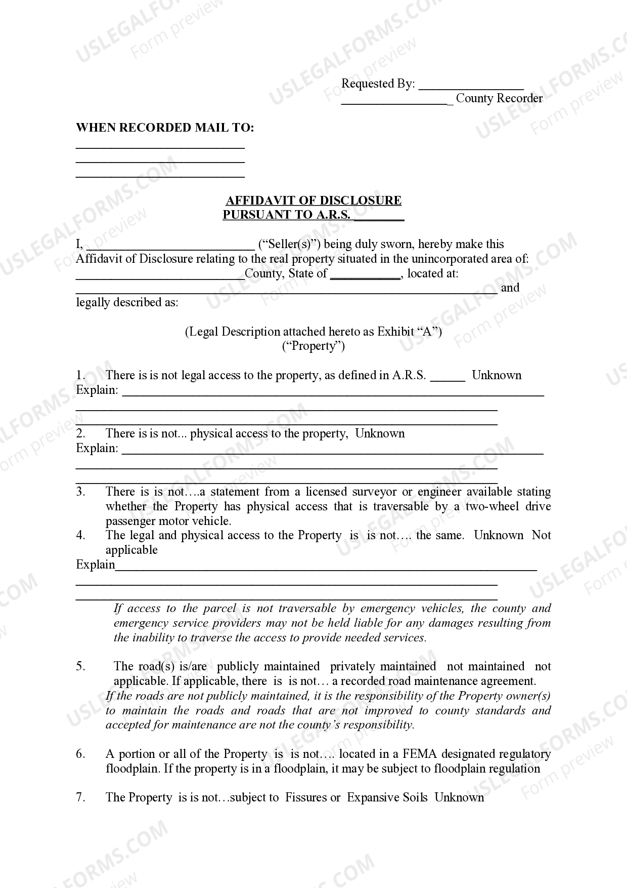 Pima Arizona Affidavit of Disclosure Pursuant To A.R.S. | US Legal Forms