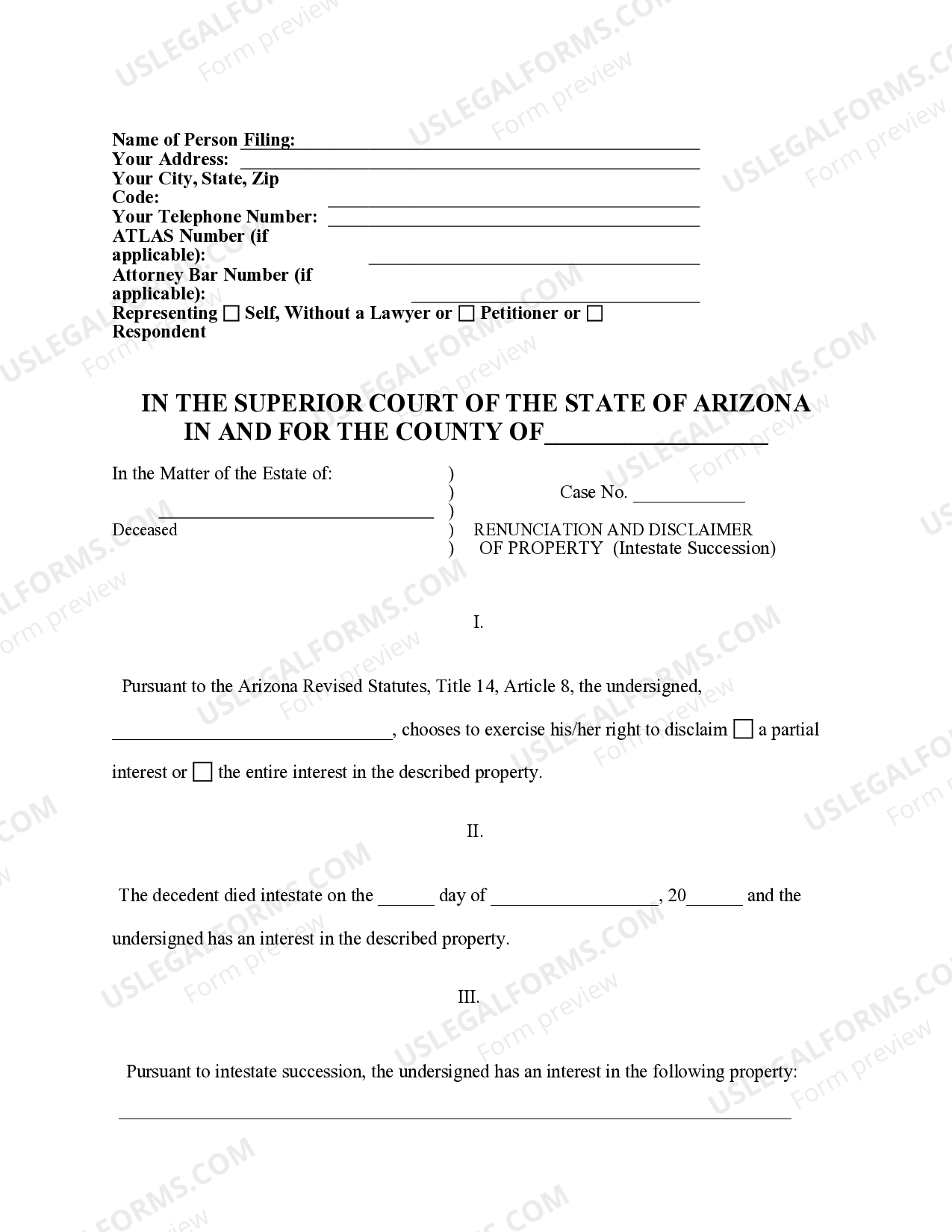 Arizona Renunciation and Disclaimer of Property received by Intestate ...
