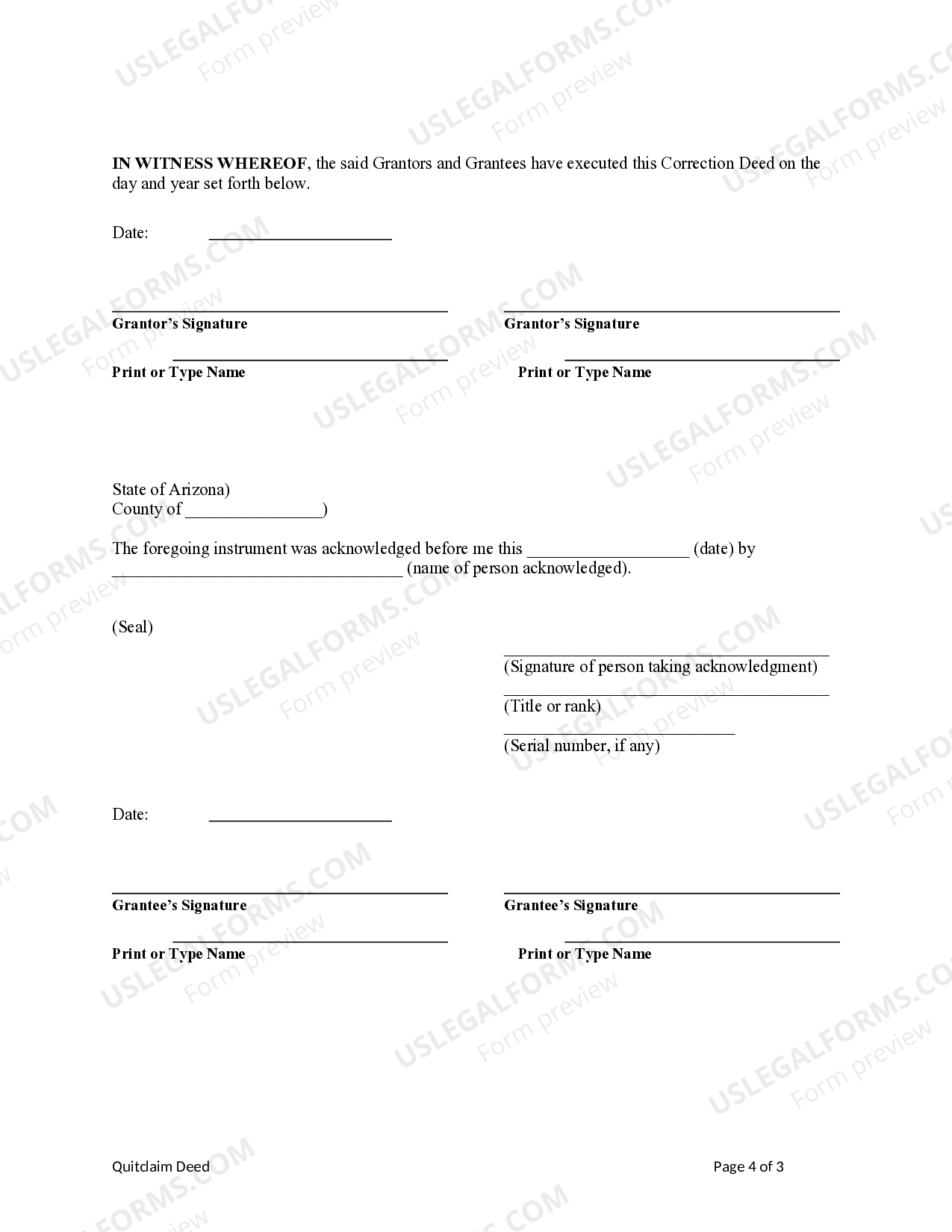 Arizona Correction Deed - Correcting Name(s) of Party(ies) - Correction ...