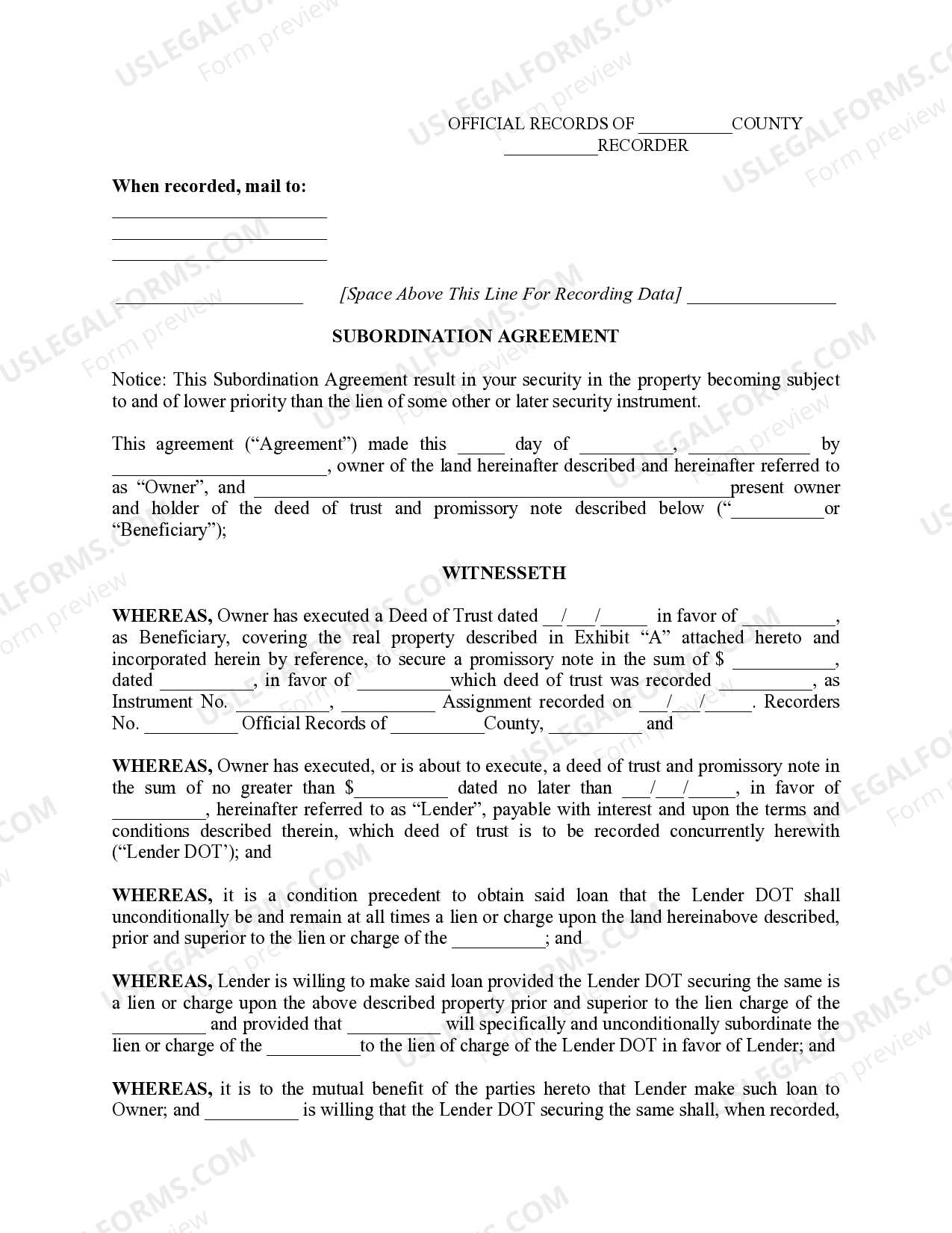 Arizona Subordination Agreement | US Legal Forms