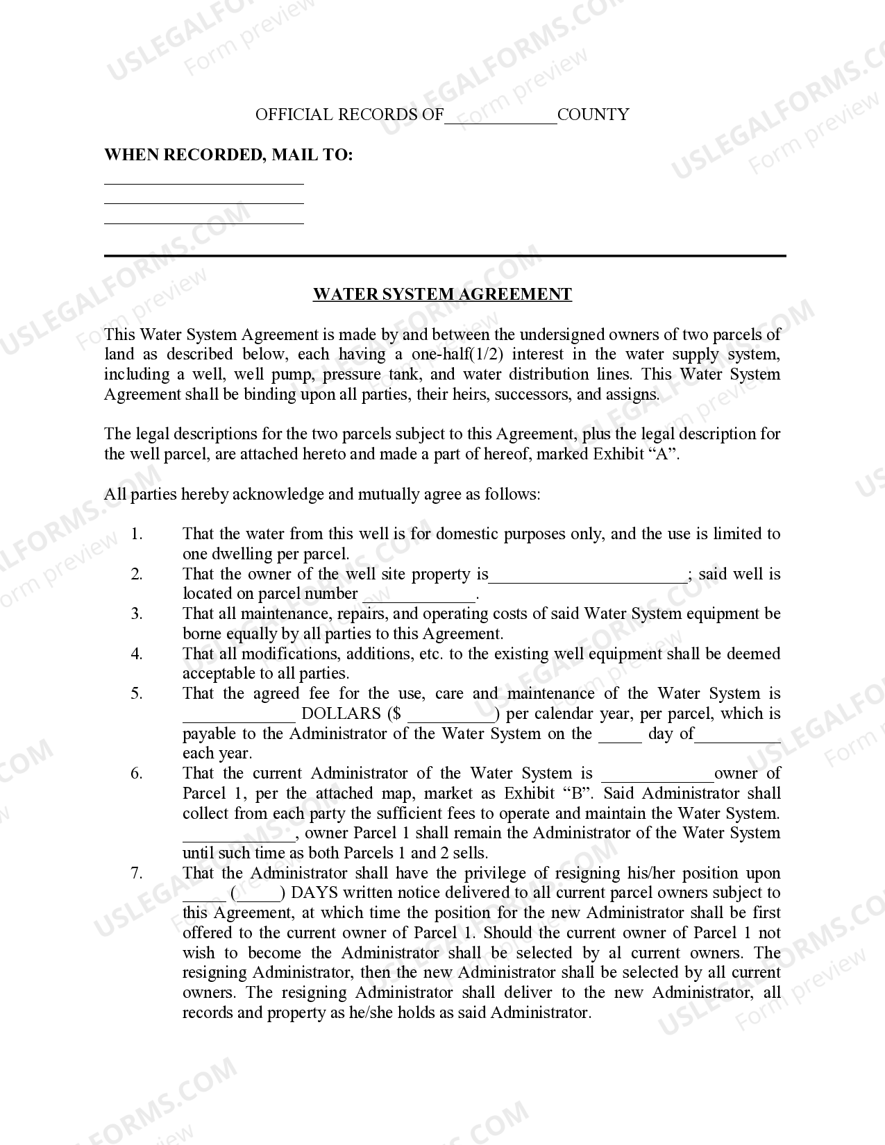 Arizona Water System Agreement | US Legal Forms