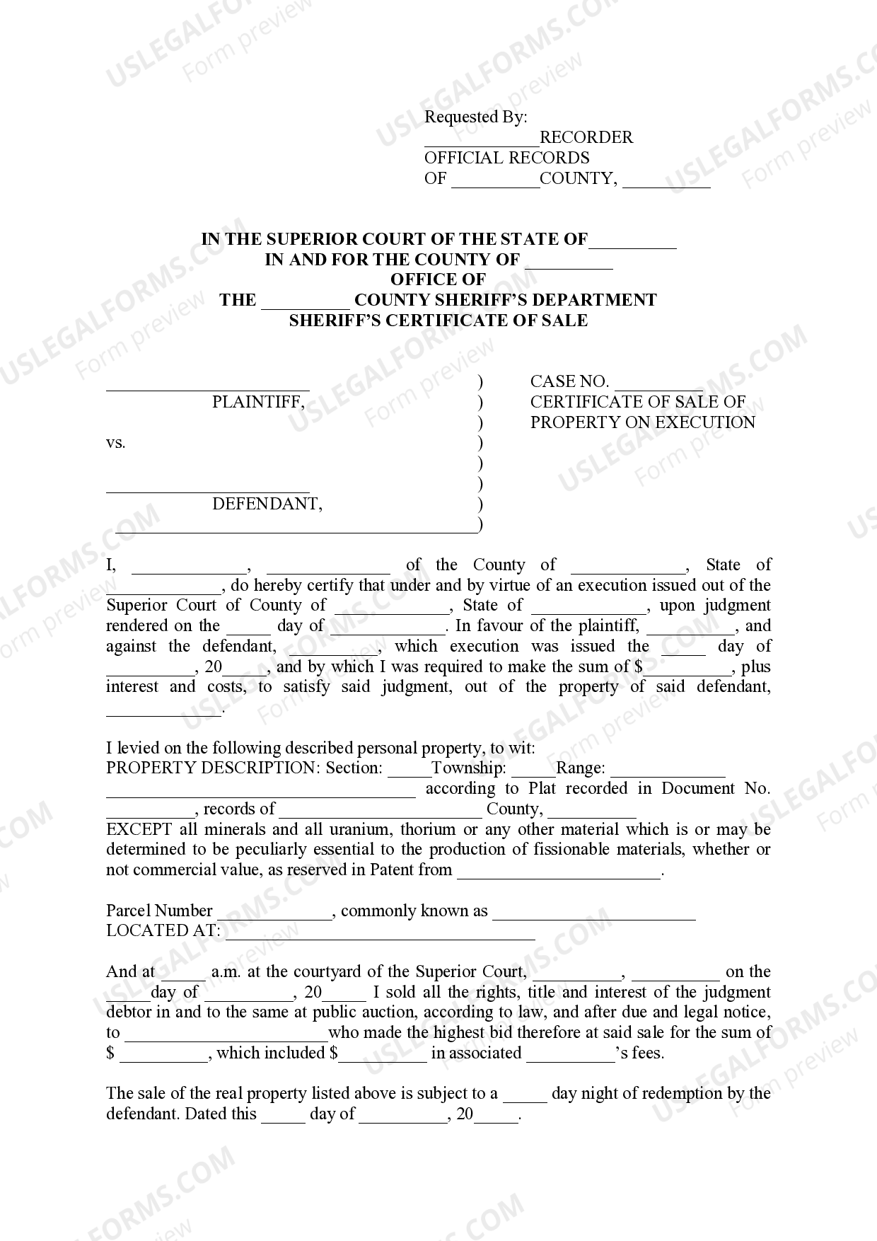 Arizona Certificate of Sale of Property on Execution | US Legal Forms