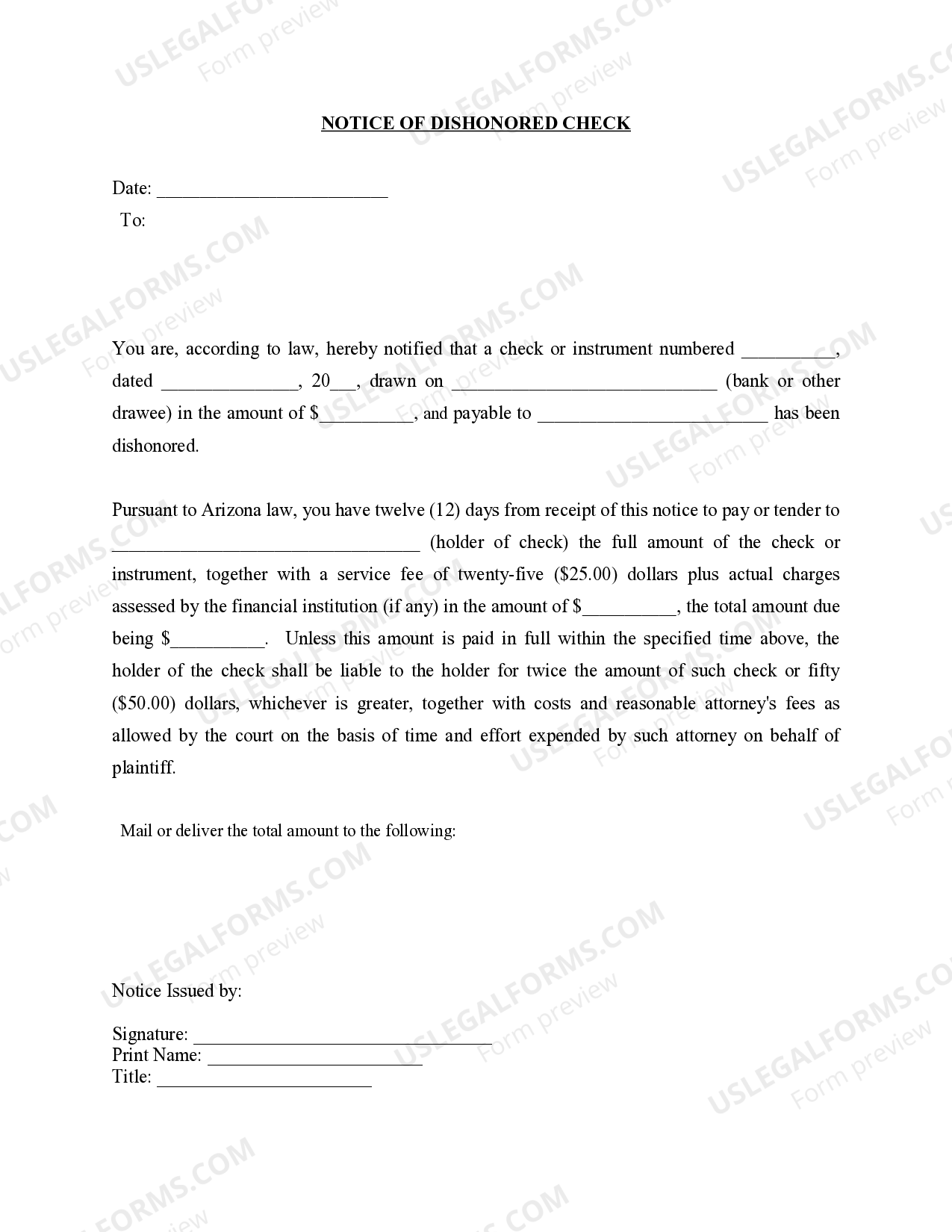Arizona Notice of Dishonored Check - Civil - Keywords: bad check ...