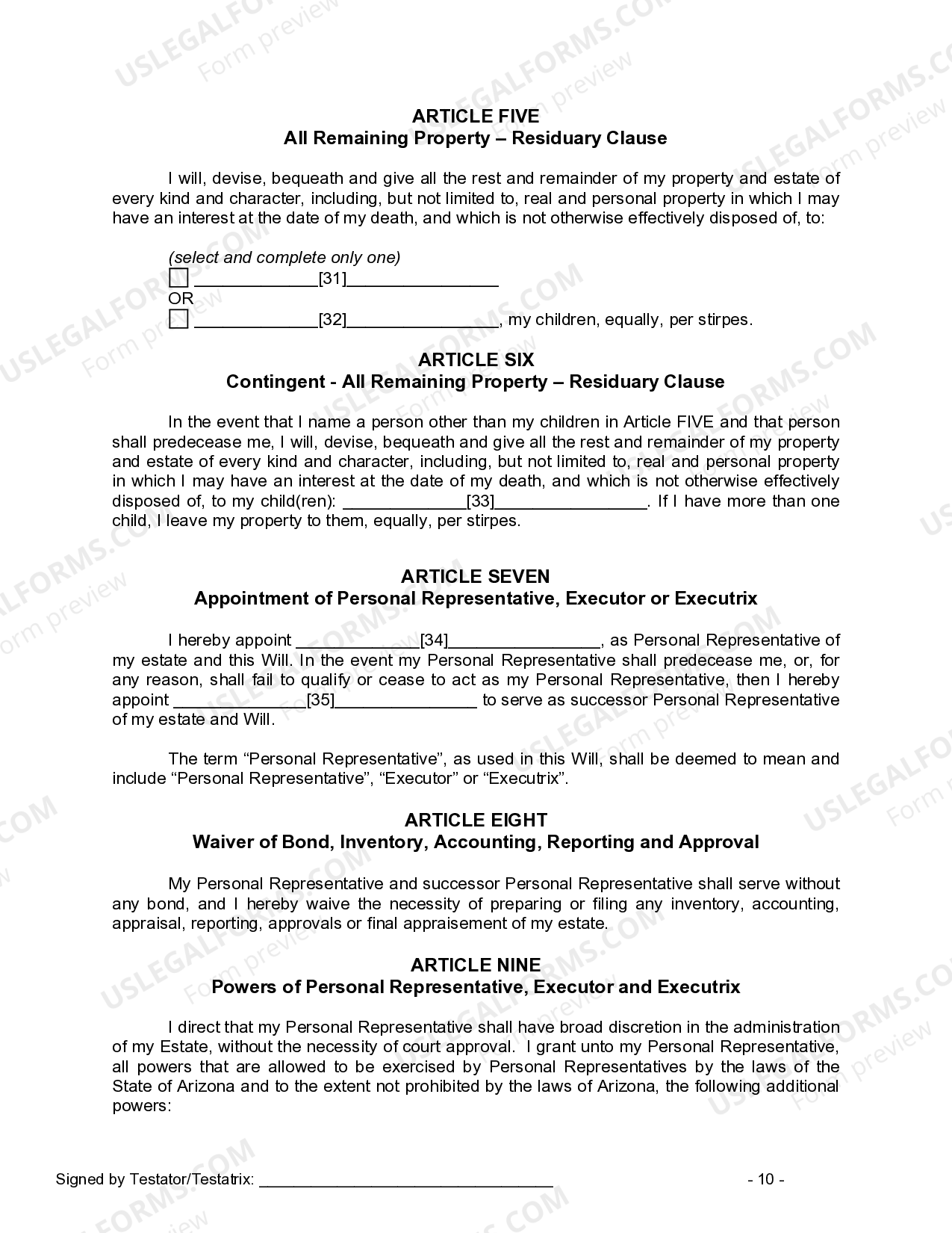 Arizona Mutual Wills Package of Last Wills and Testaments for Unmarried ...