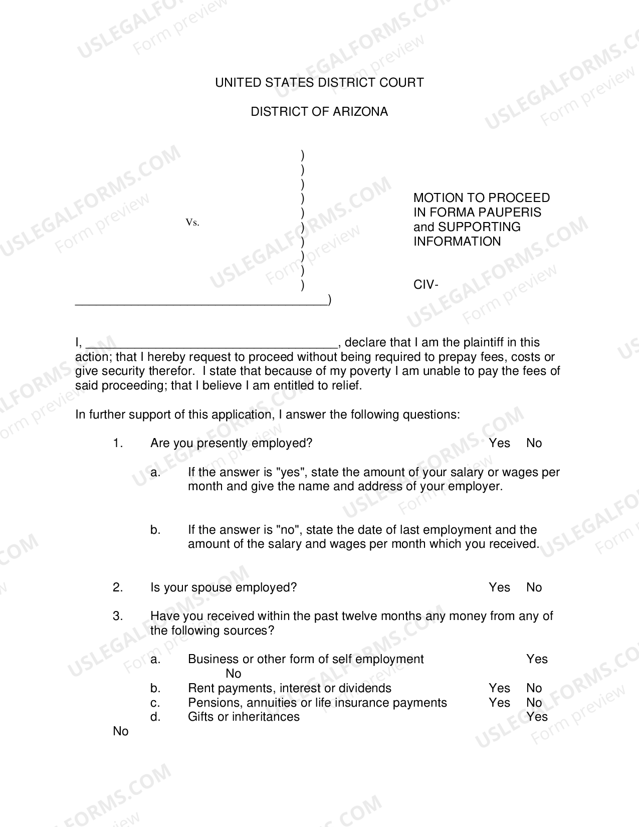 Arizona Motion to Proceed In Forma Pauperis and Supporting Information ...