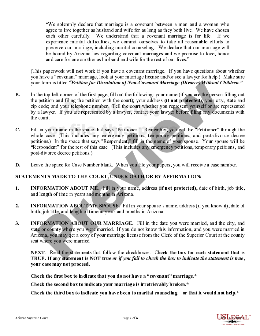 Arizona Instructions Petition For Dissolution Of Marriage Divorce