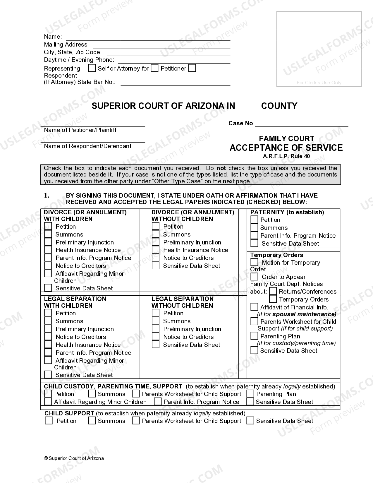 Arizona Acceptance of Service - Acceptance Of Service | US Legal Forms