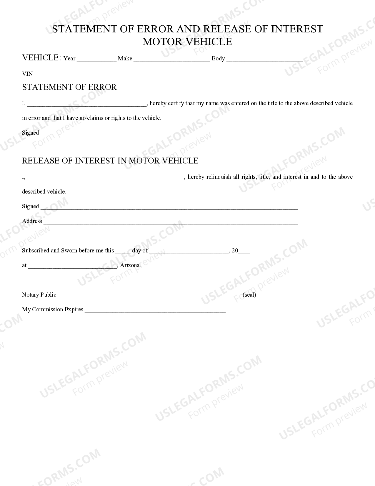 Arizona Statement of Error and Release - Statement Of Error Az | US ...