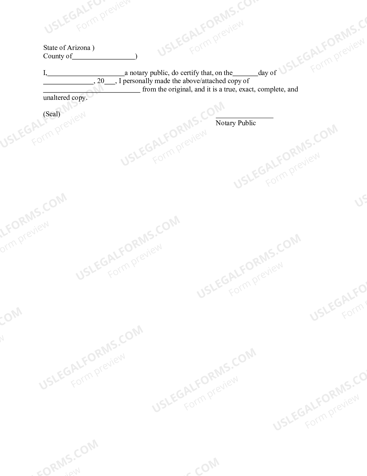 Arizona Acknowledgment for Copy Certification - Notary State Arizona ...