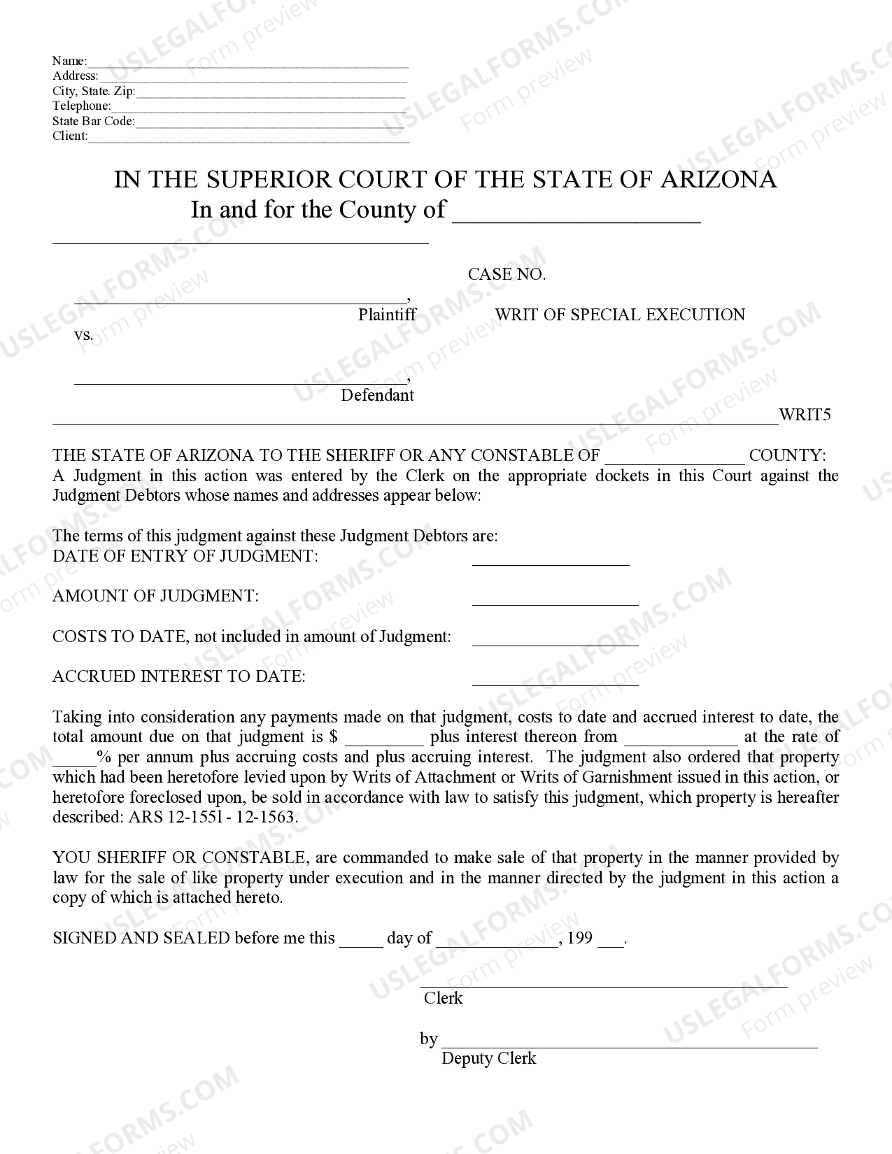 Arizona Writ of Special Execution - Writ Of Execution Arizona | US ...