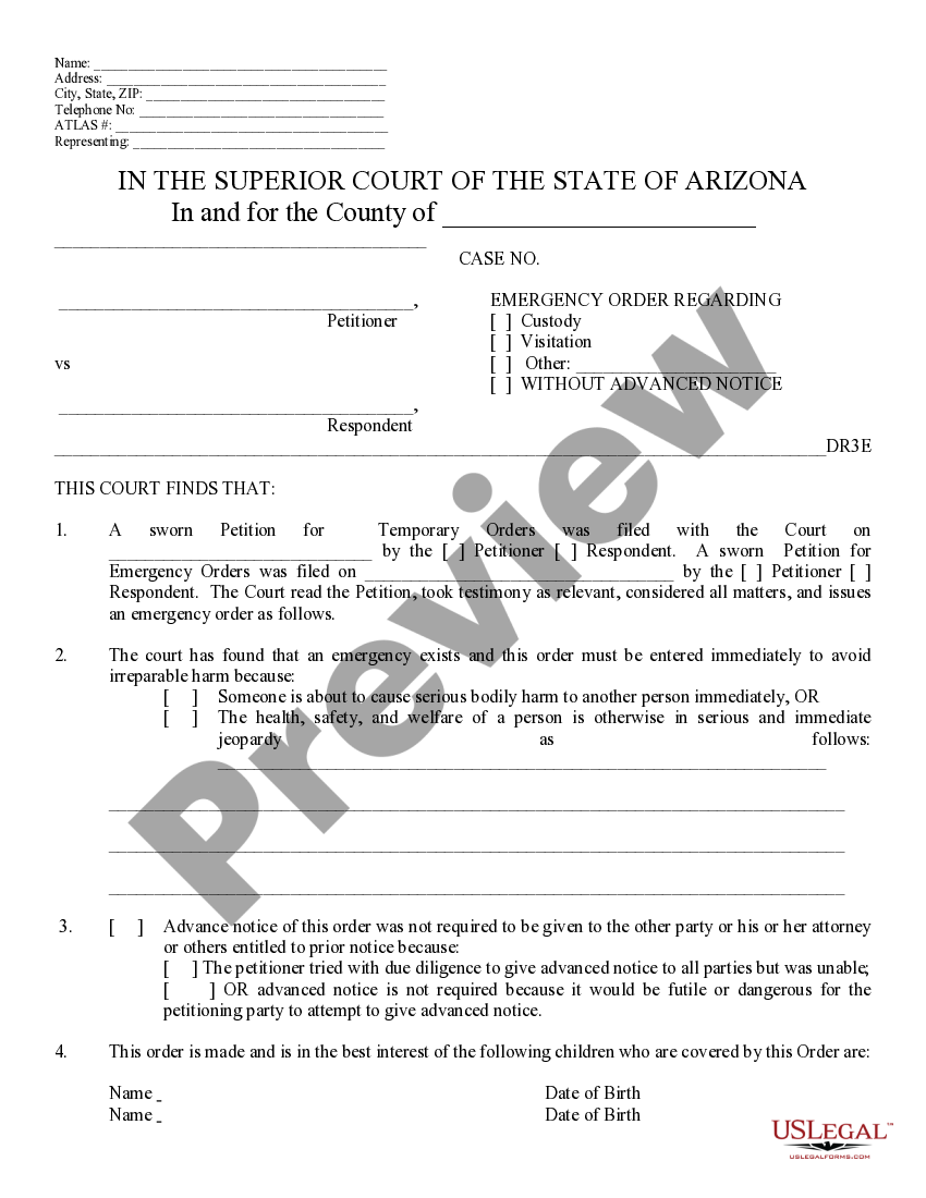 Arizona Emergency Order For Child Custody And Or Visitation 