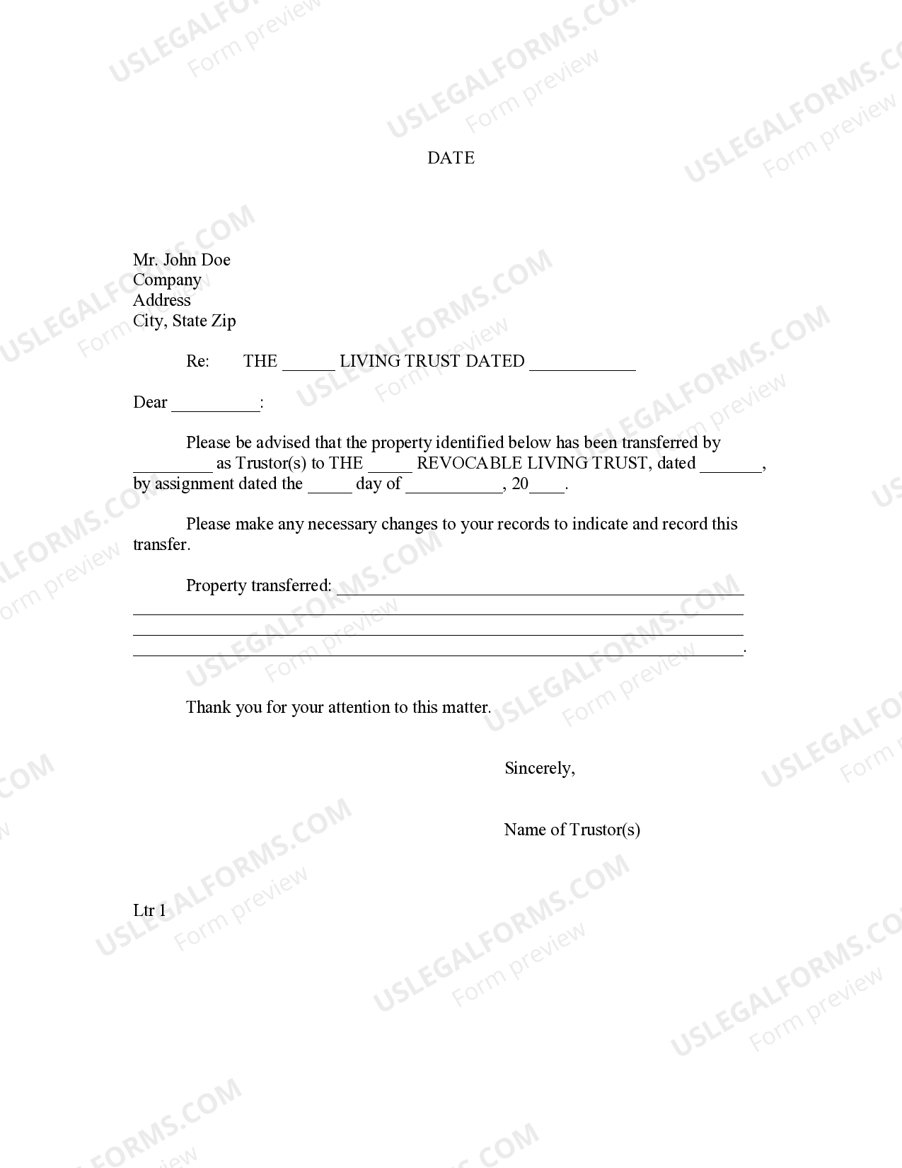 Arizona Letter to Lienholder to Notify of Trust | US Legal Forms