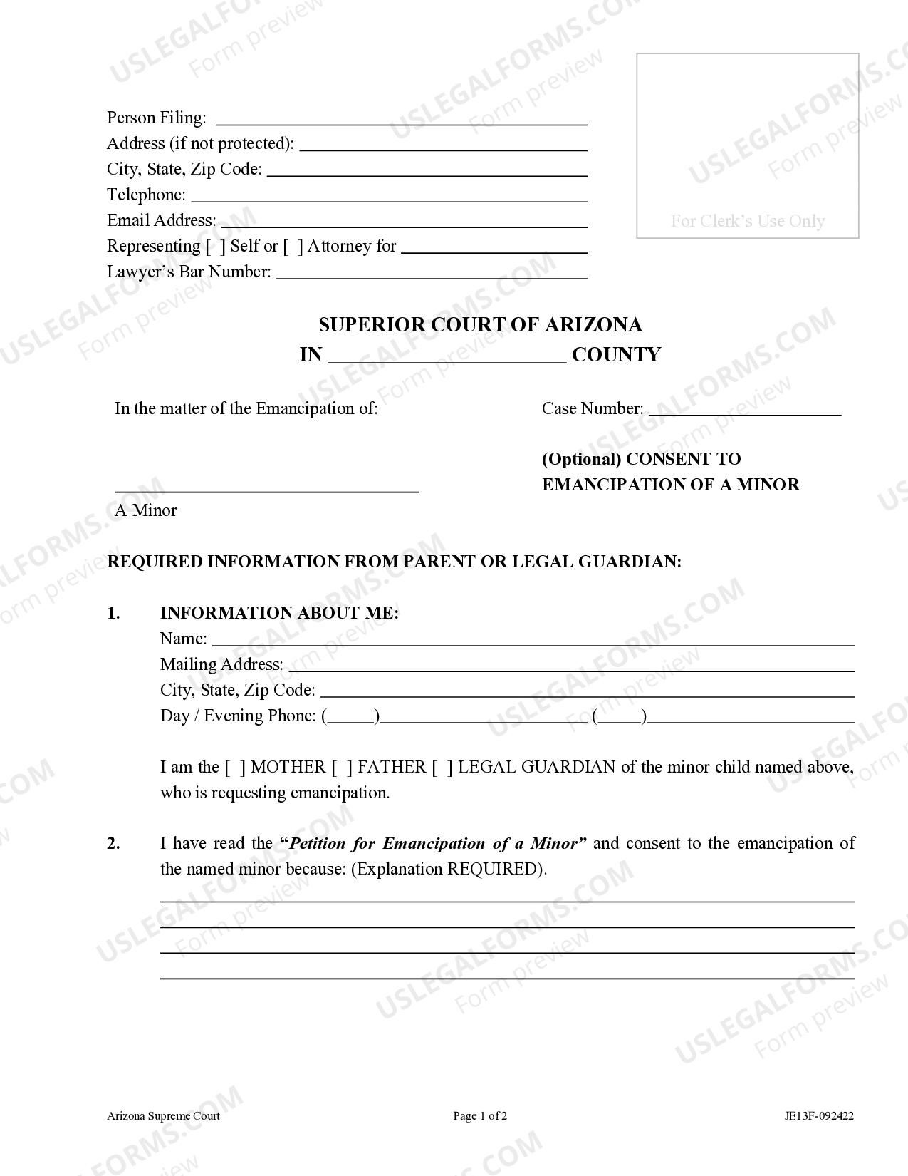 Arizona Consent to Emancipation of a Minor - How Much Does It Cost To ...