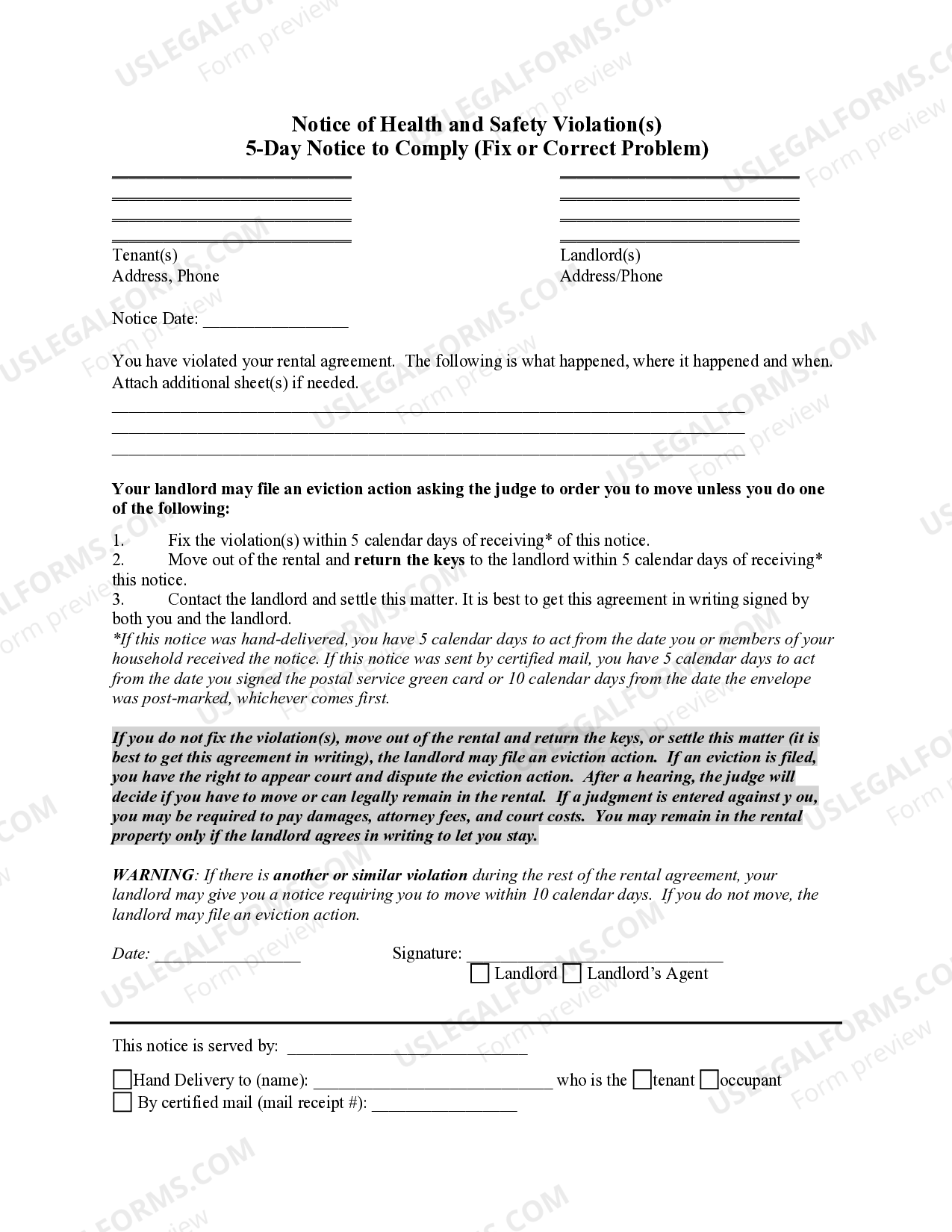 Arizona Notice of Health and Safety Violation and 5 Day Notice to ...