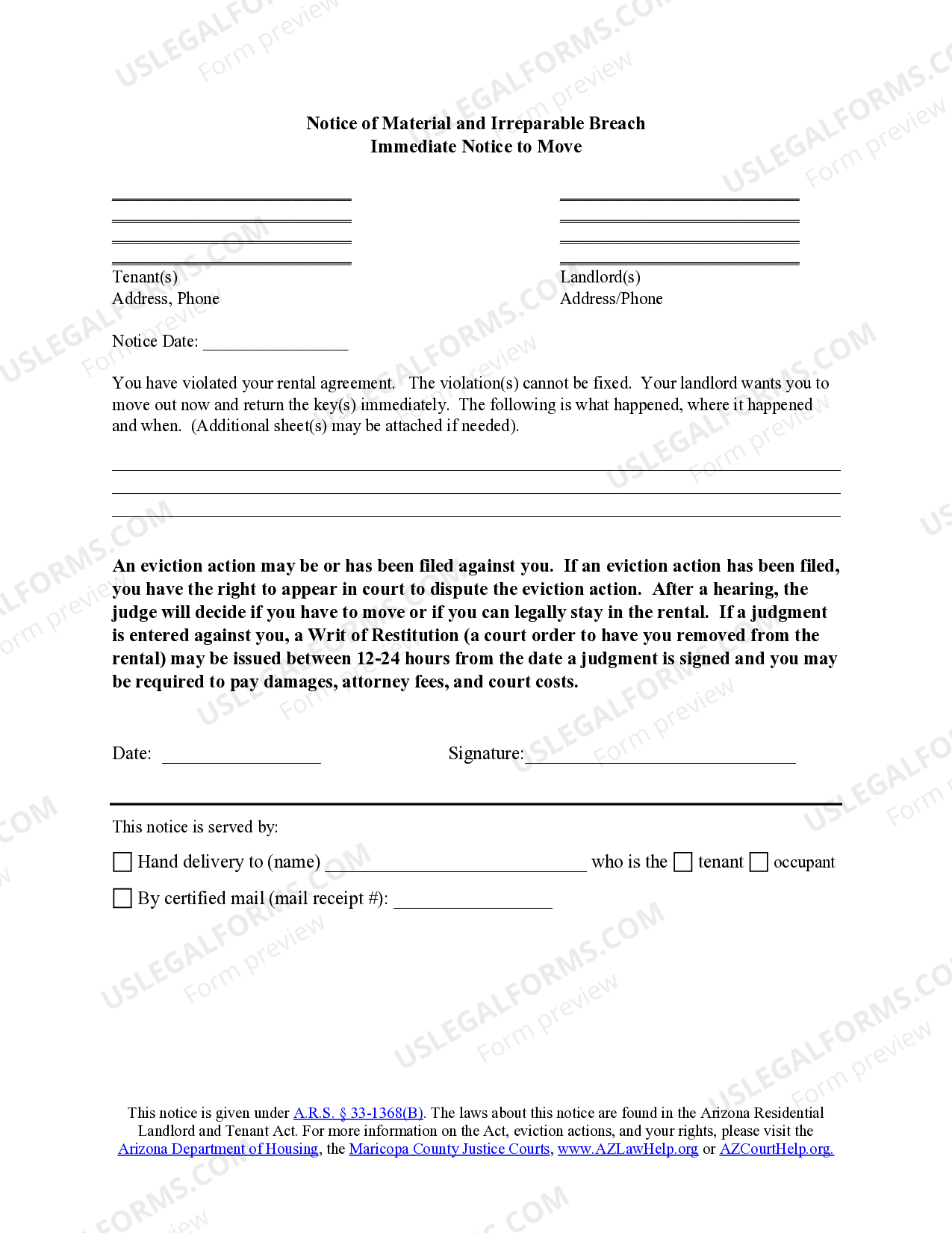 Arizona Notice of Material and Irreparable Breach and Immediate Notice ...