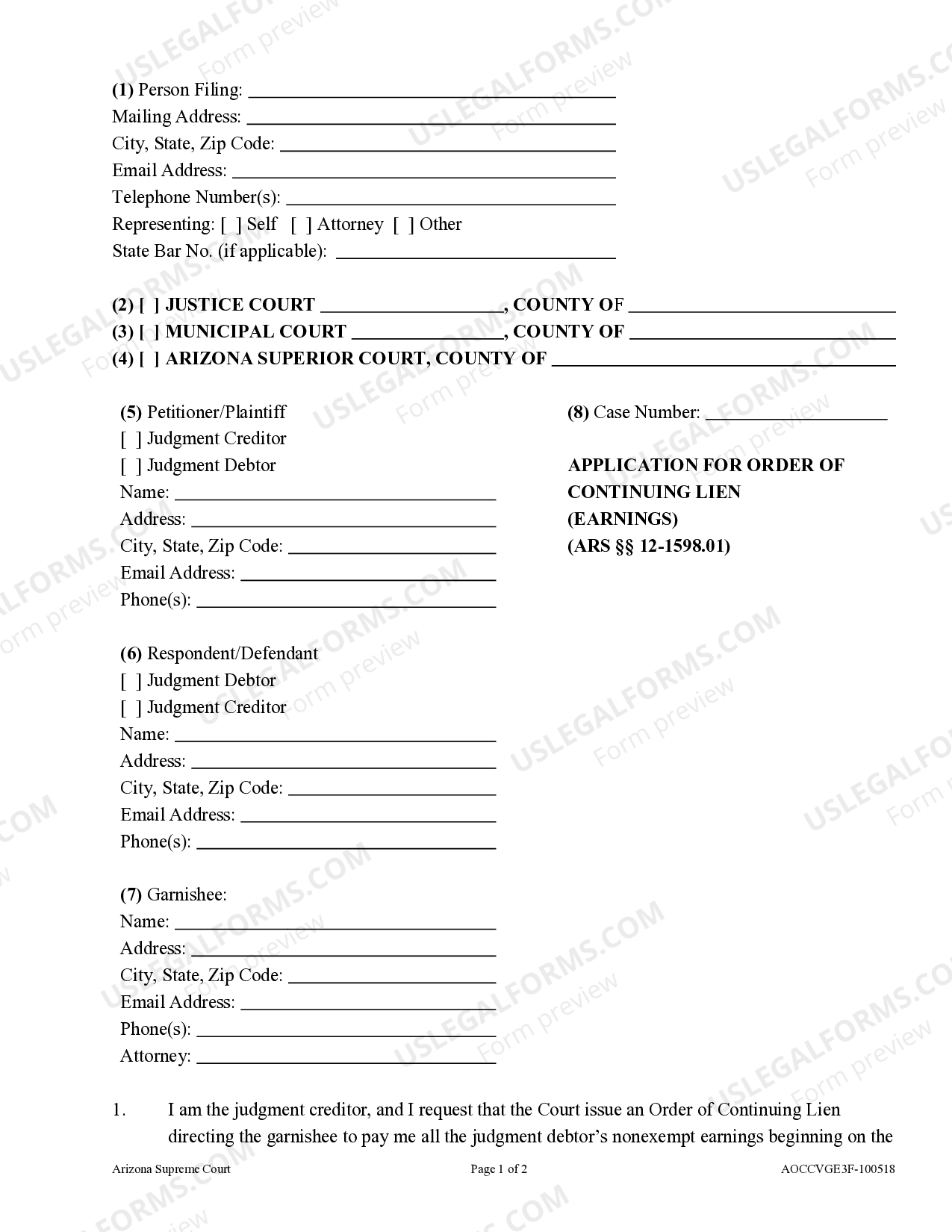 Arizona Application for Order of Continuing Lien - Az Lien | US Legal Forms