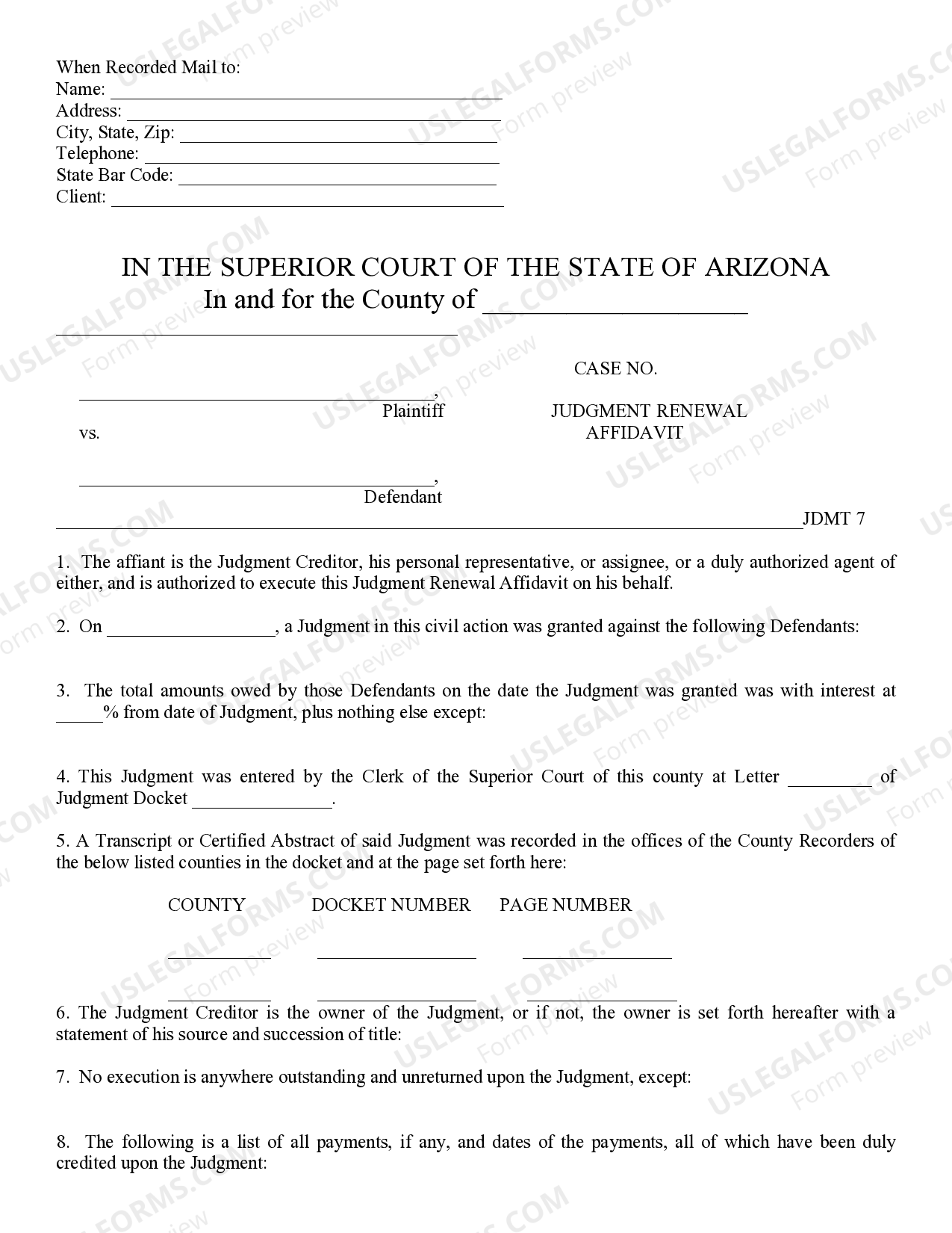 Arizona Judgment Renewal Affidavit - Judgment Renewal Arizona | US Legal Forms
