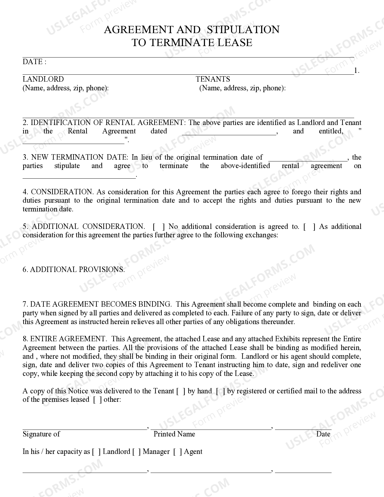 Arizona Agreement and Stipulation to Terminate Lease | US Legal Forms