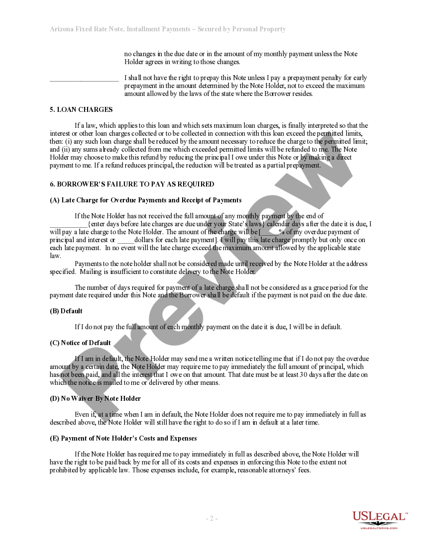 Arizona Installments Fixed Rate Promissory Note Secured By Personal Property Arizona