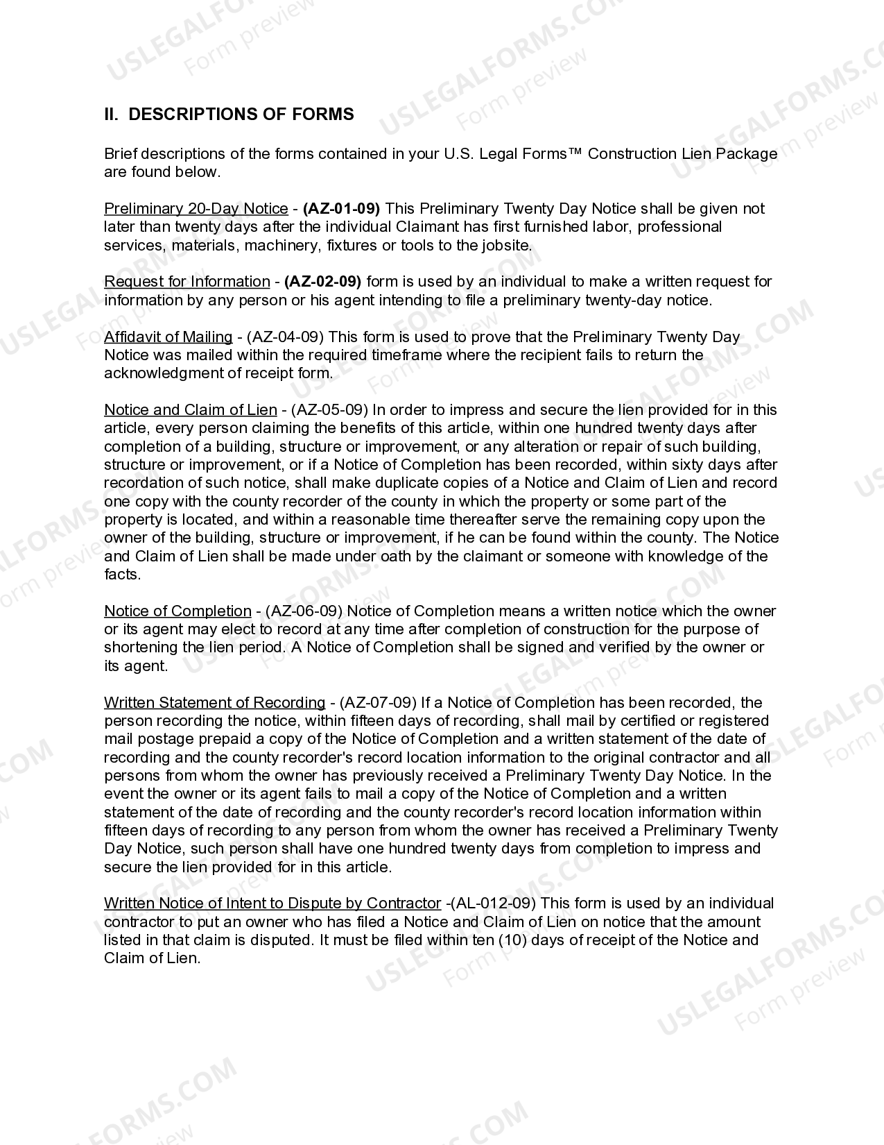 Arizona Construction or Mechanics Lien Package - Individual - Arizona ...