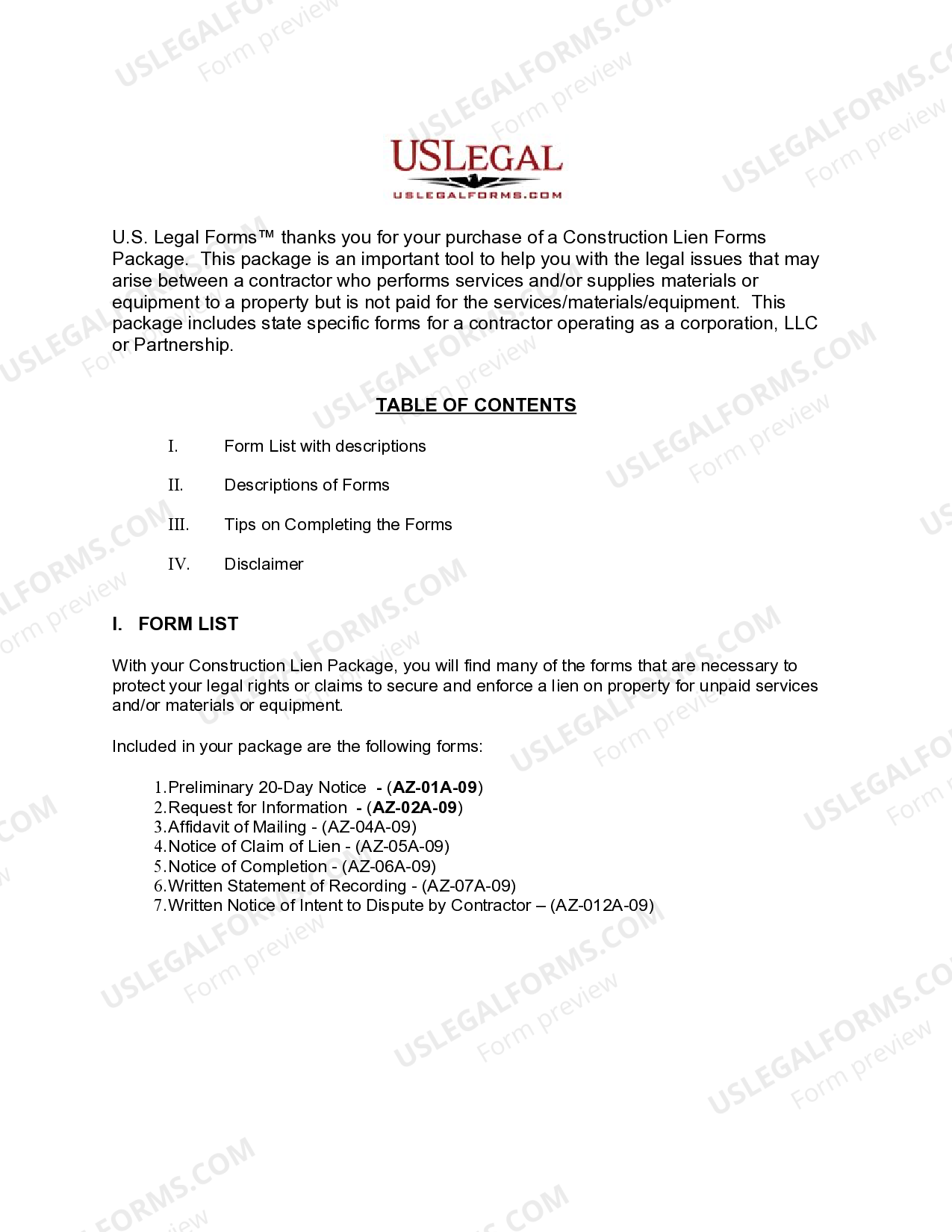 Arizona Construction or Mechanics Lien Package - Corporation - Az ...