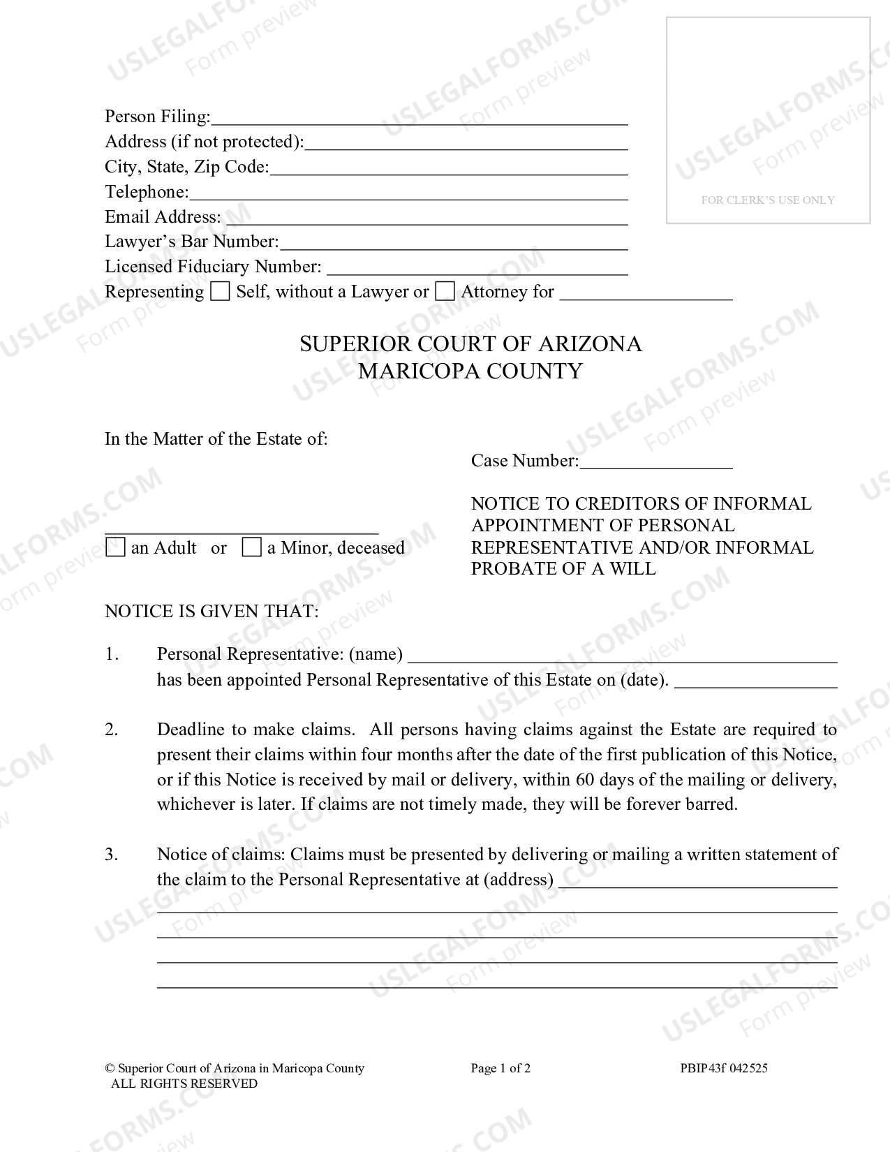 Arizona Notice to Creditors in Informal Probate - Arizona Informal Probate Form | US Legal Forms