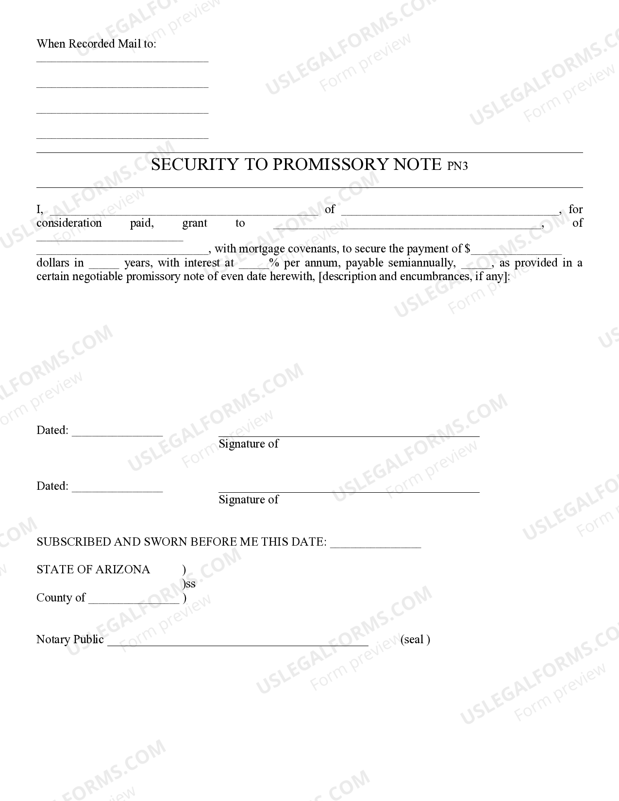 Arizona Security to Promissory Note - Arizona Promissory Note Agreement ...