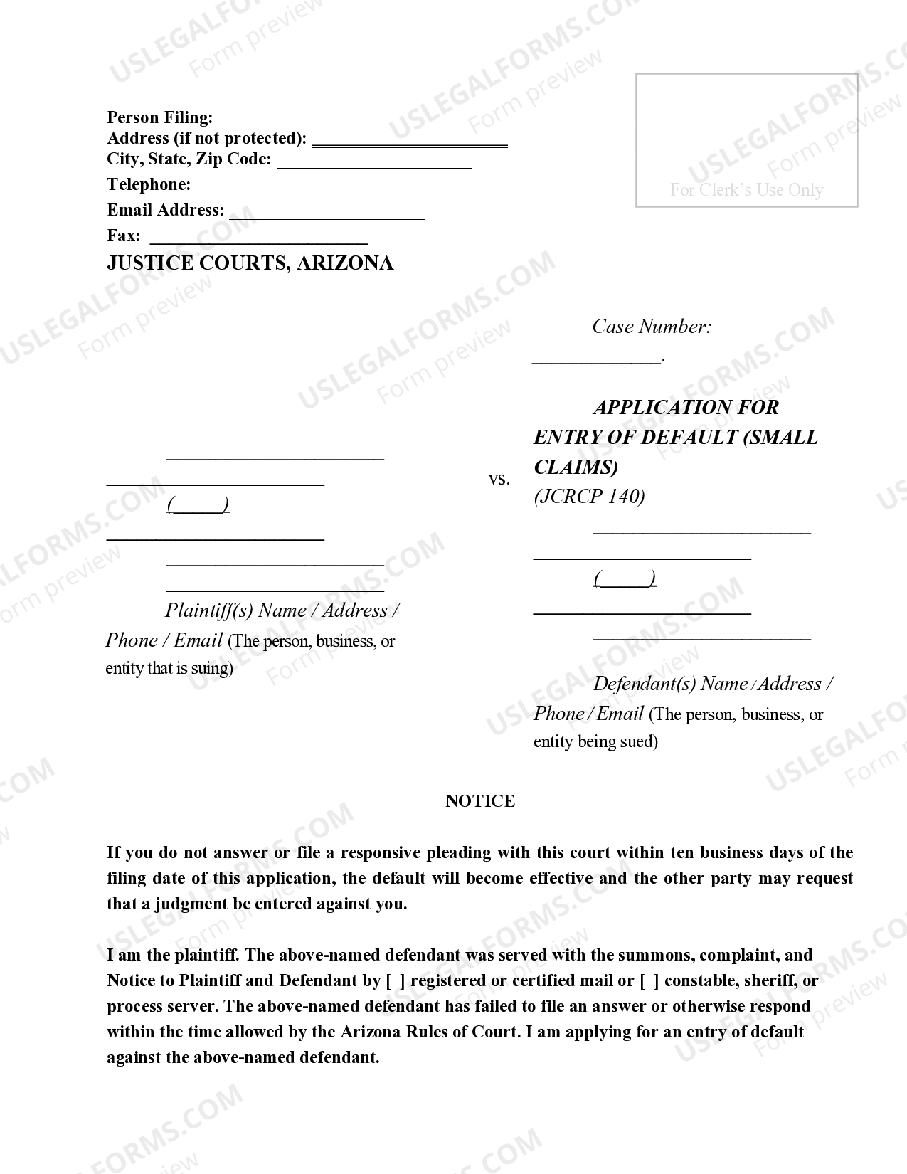 Arizona Application for Entry of Default (Small Claims) | US Legal Forms