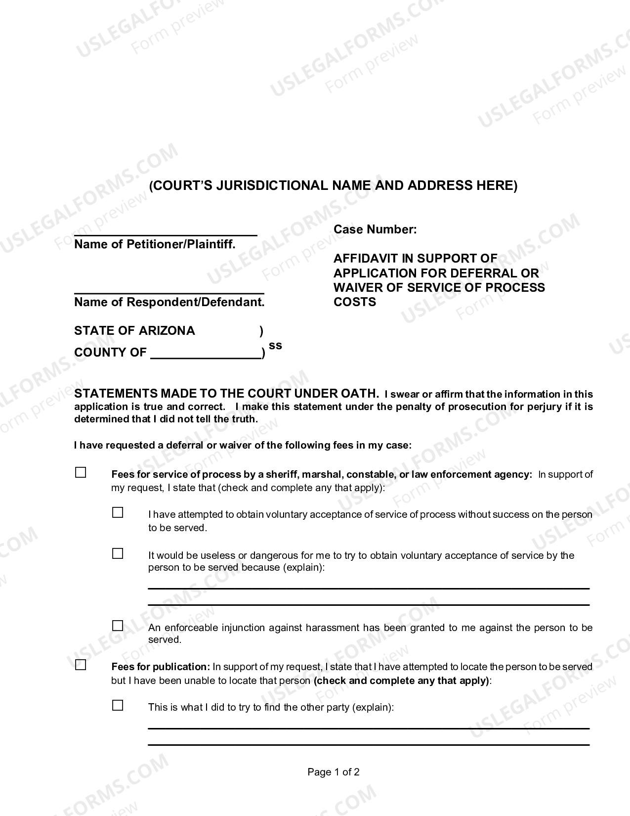 Arizona Affidavit in Support of Application for Deferral or Waiver of ...