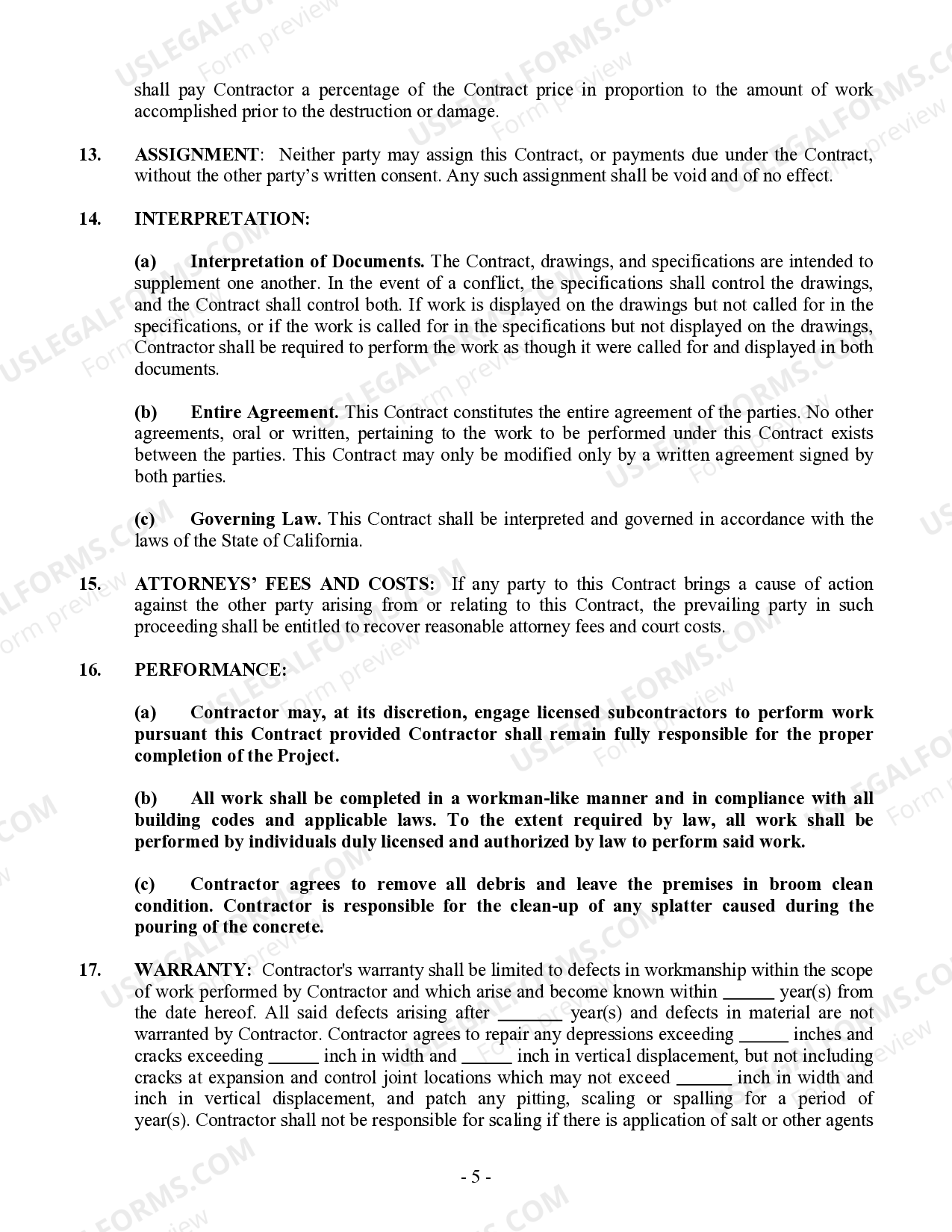 California Concrete Mason Contract for Contractor - Concrete Contract ...