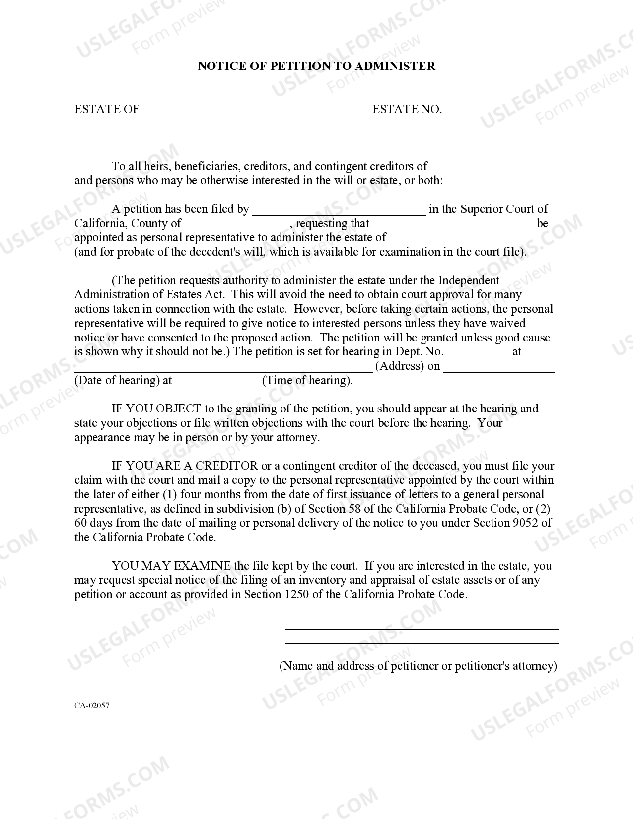 Los Angeles California Notice of Petition to Administer Estate - Notice Of Petition To ...