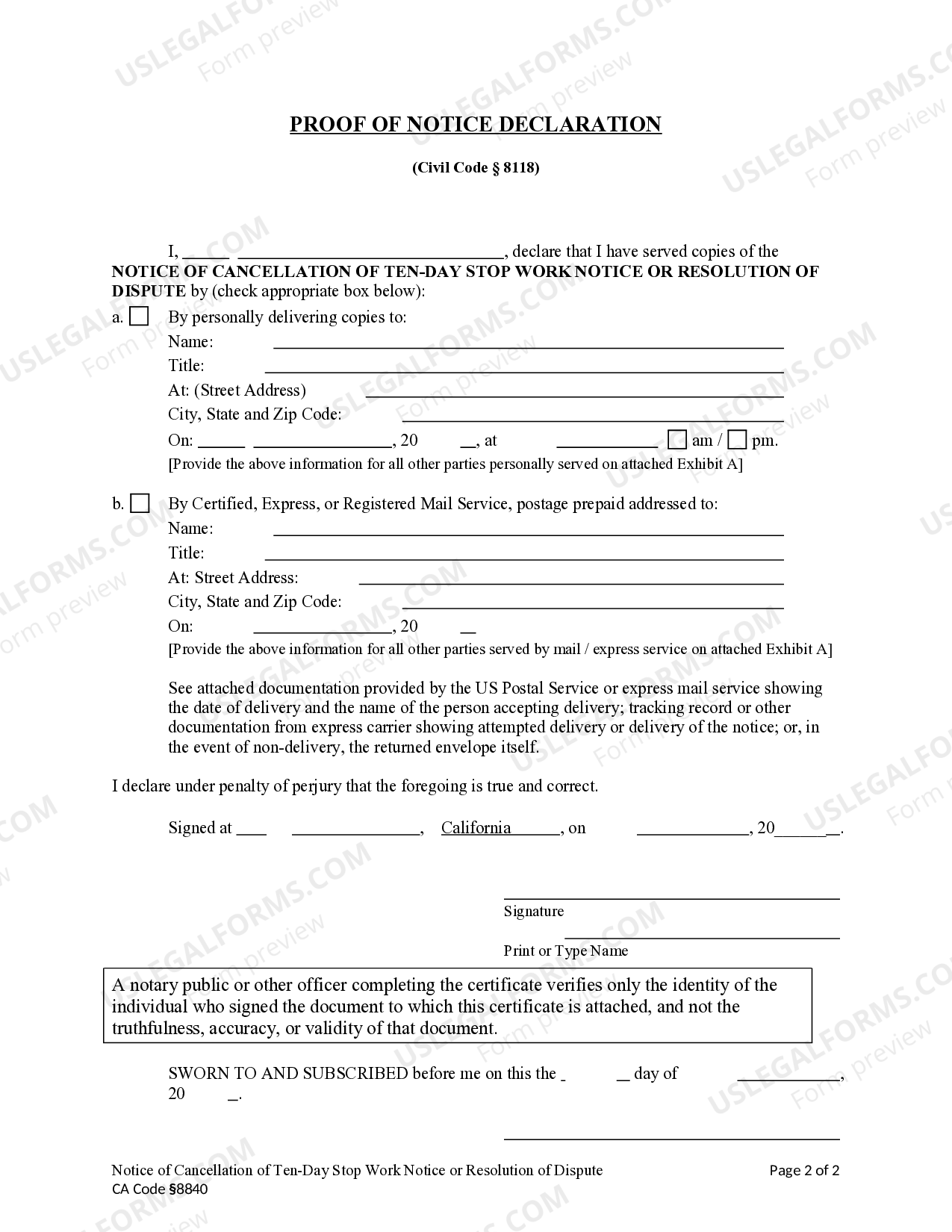 California Notice of Cancellation of 10-Day Stop Work Order or ...