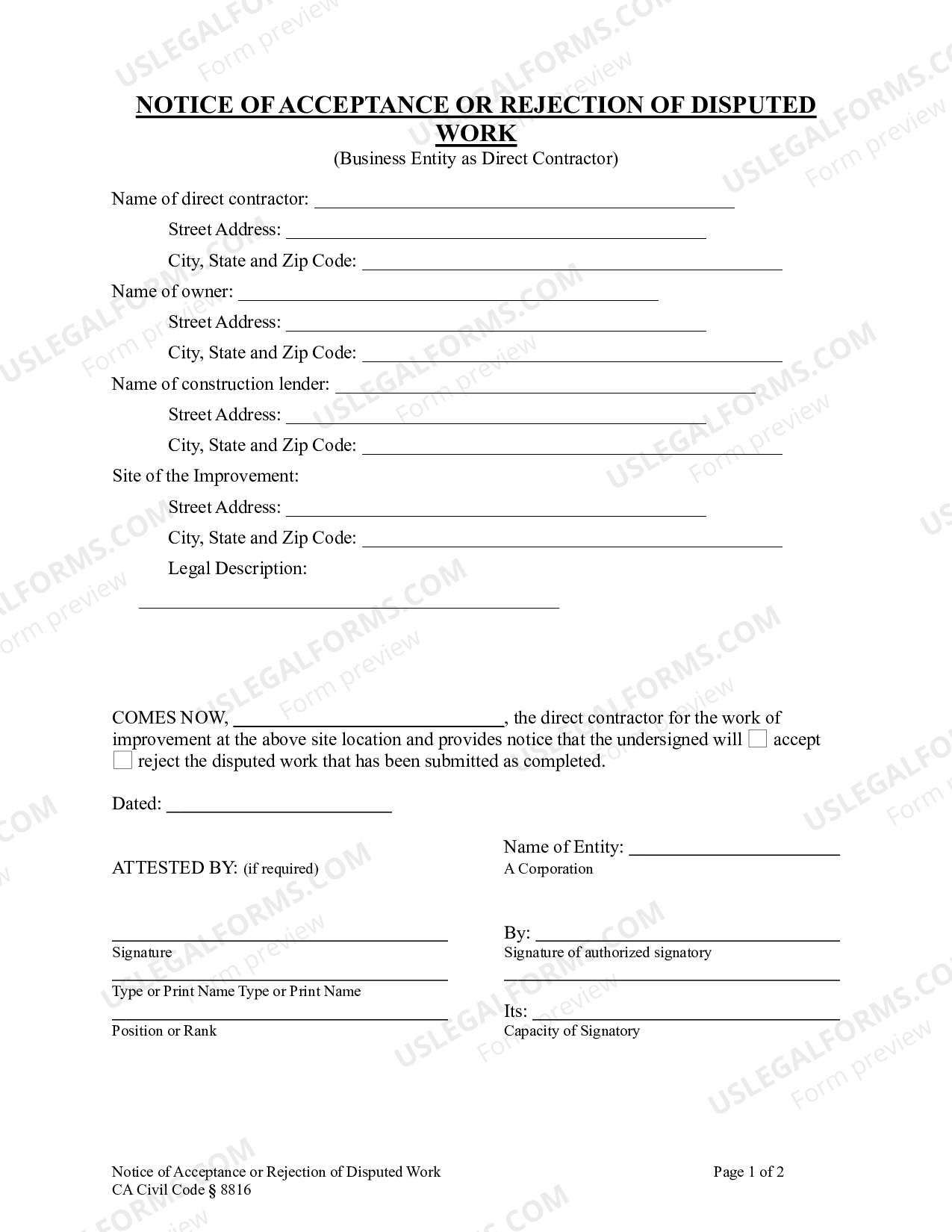 California Notice of Acceptance or Rejection of Disputed Work ...