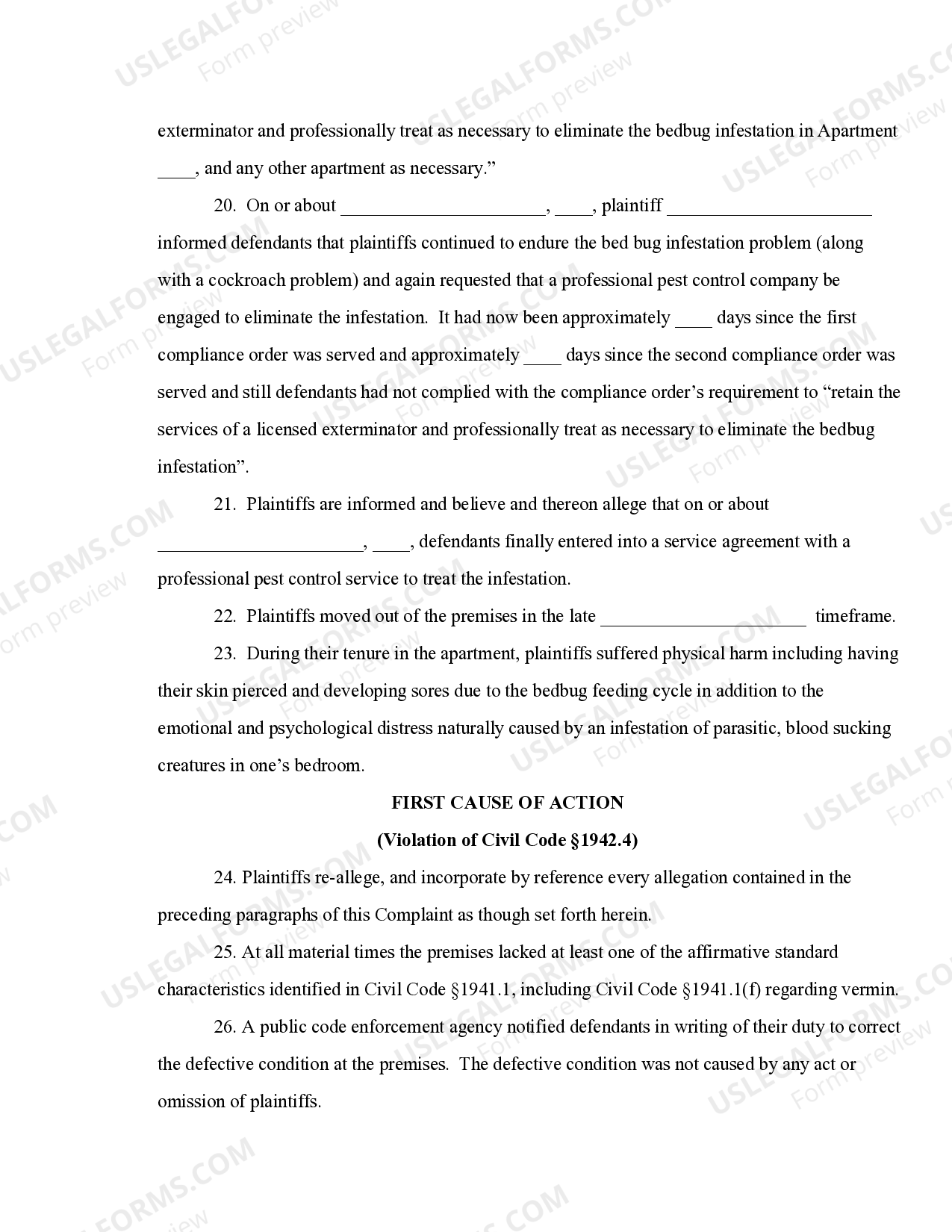 California Second Amended Complaint for Bed Bug Claim | US Legal Forms