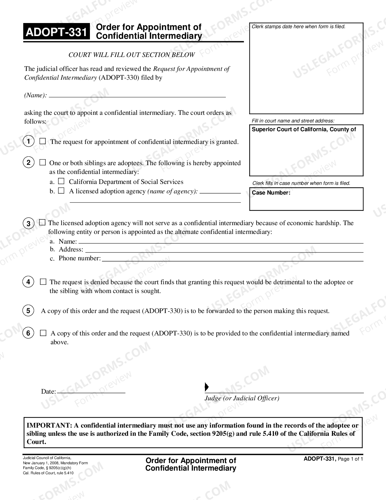 California Order for Appointment of Confidential Intermediary | US ...