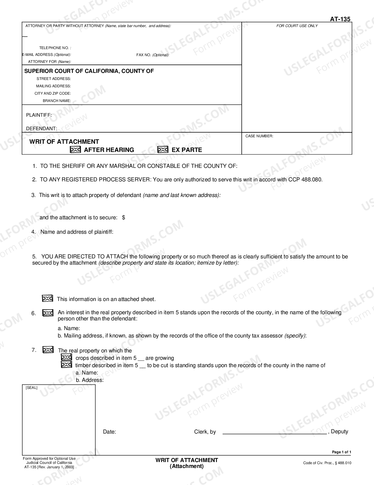California Writ of Attachment - Writ Of Attachment California | US ...