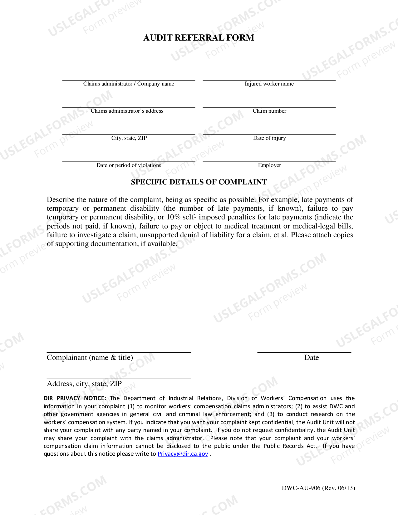 California Audit Referral Form for Workers' Compensation | US Legal Forms